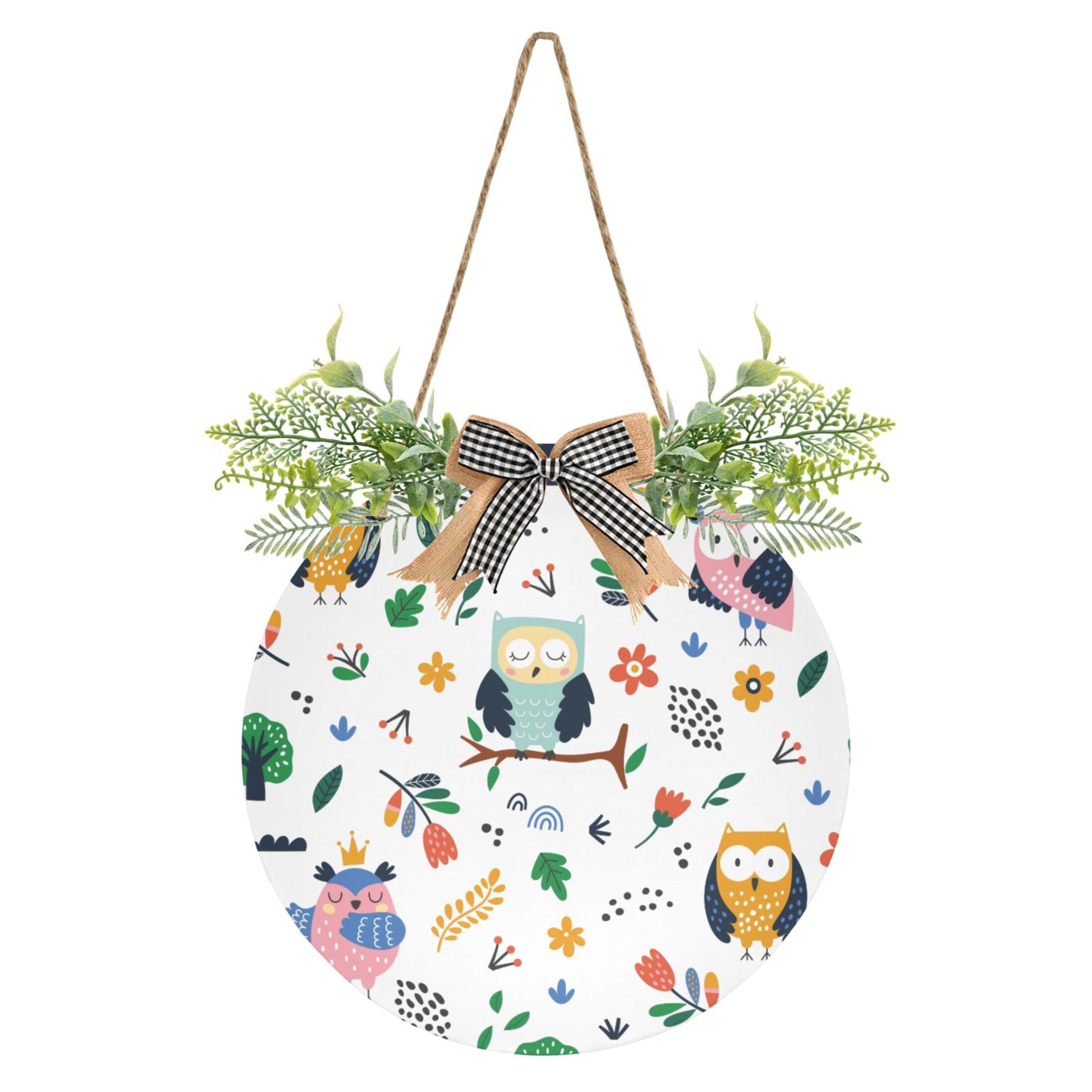 Welcome Door Sign Cartoon Owls and Floral 11.8" Round Front Entrance ...