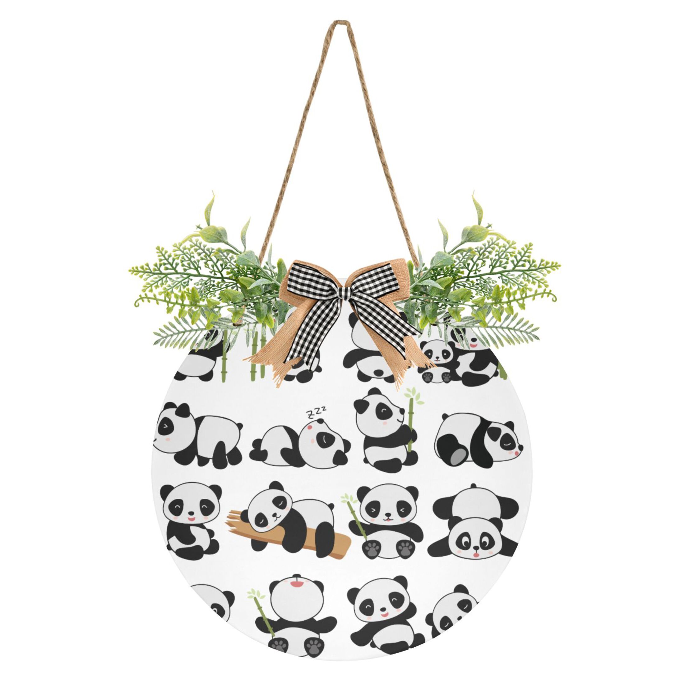 Welcome Door Sign Cartoon Pandas 11.8" Round Front Entrance Hanging ...