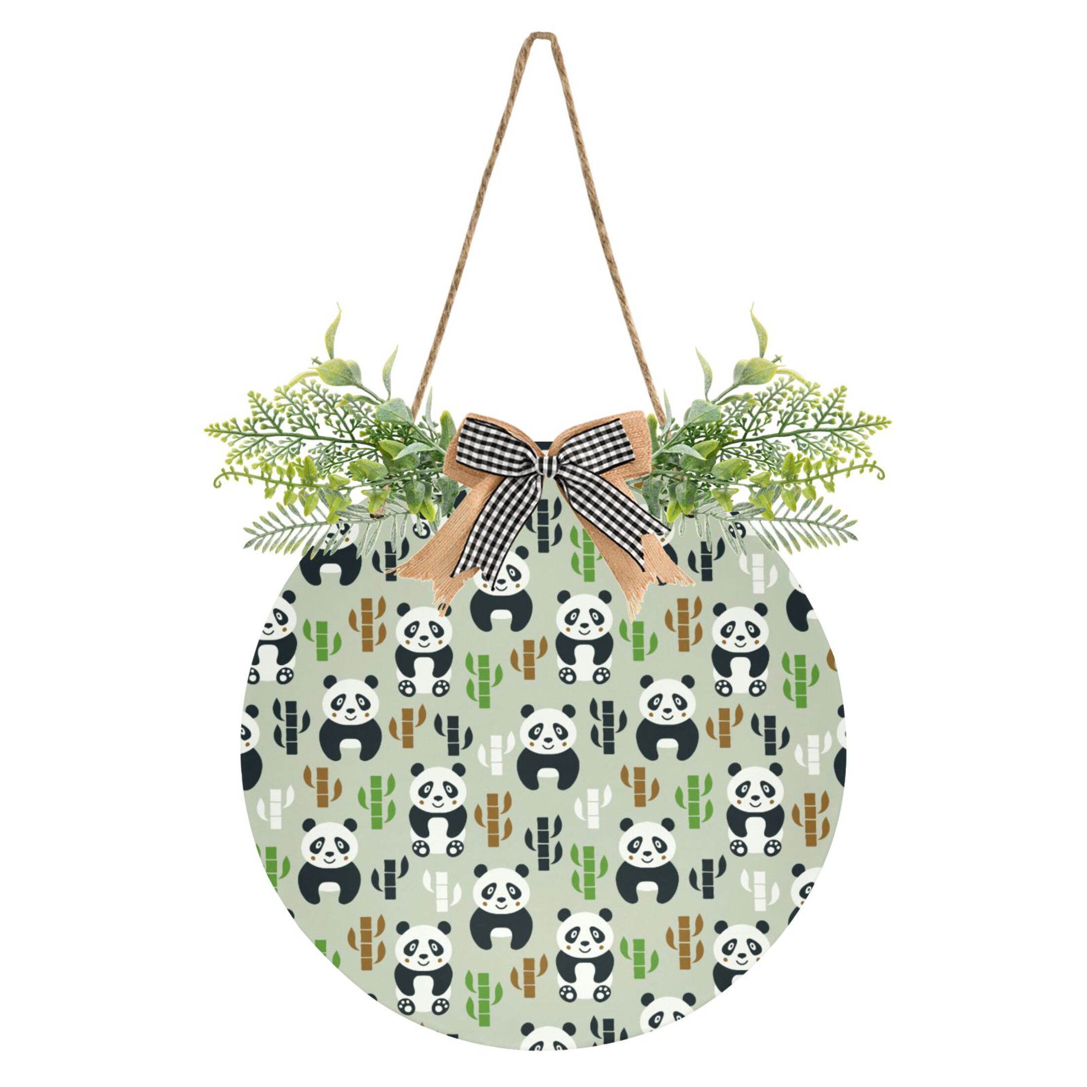 Welcome Door Sign Cartoon Pandas and Bamboos 11.8" Round Front Entrance ...