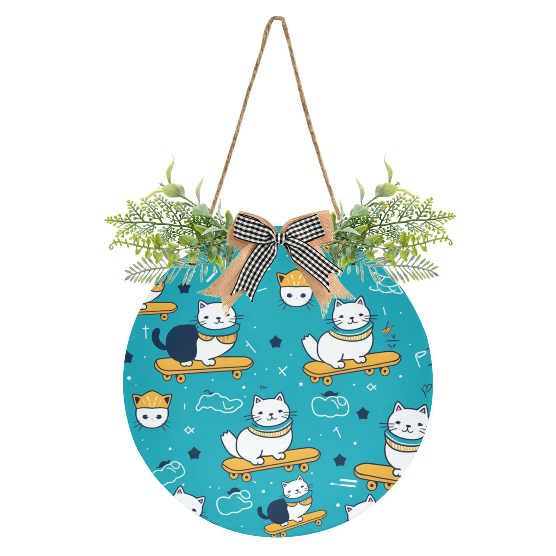 Welcome Door Sign Cat with Skateboard 11.8" Round Front Entrance ...