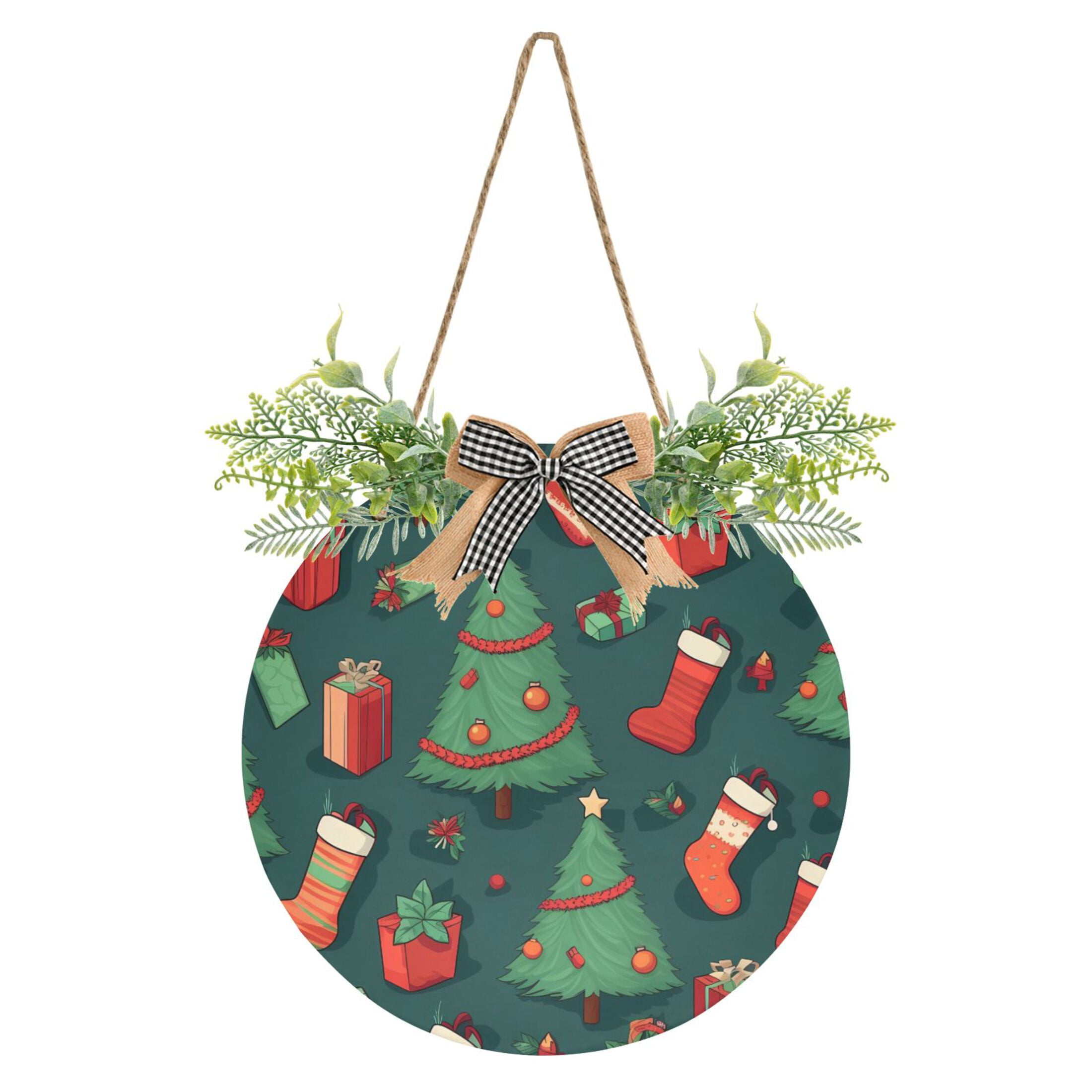 Welcome Door Sign Christmas Cute Trees Green 11.8" Round Front Entrance ...