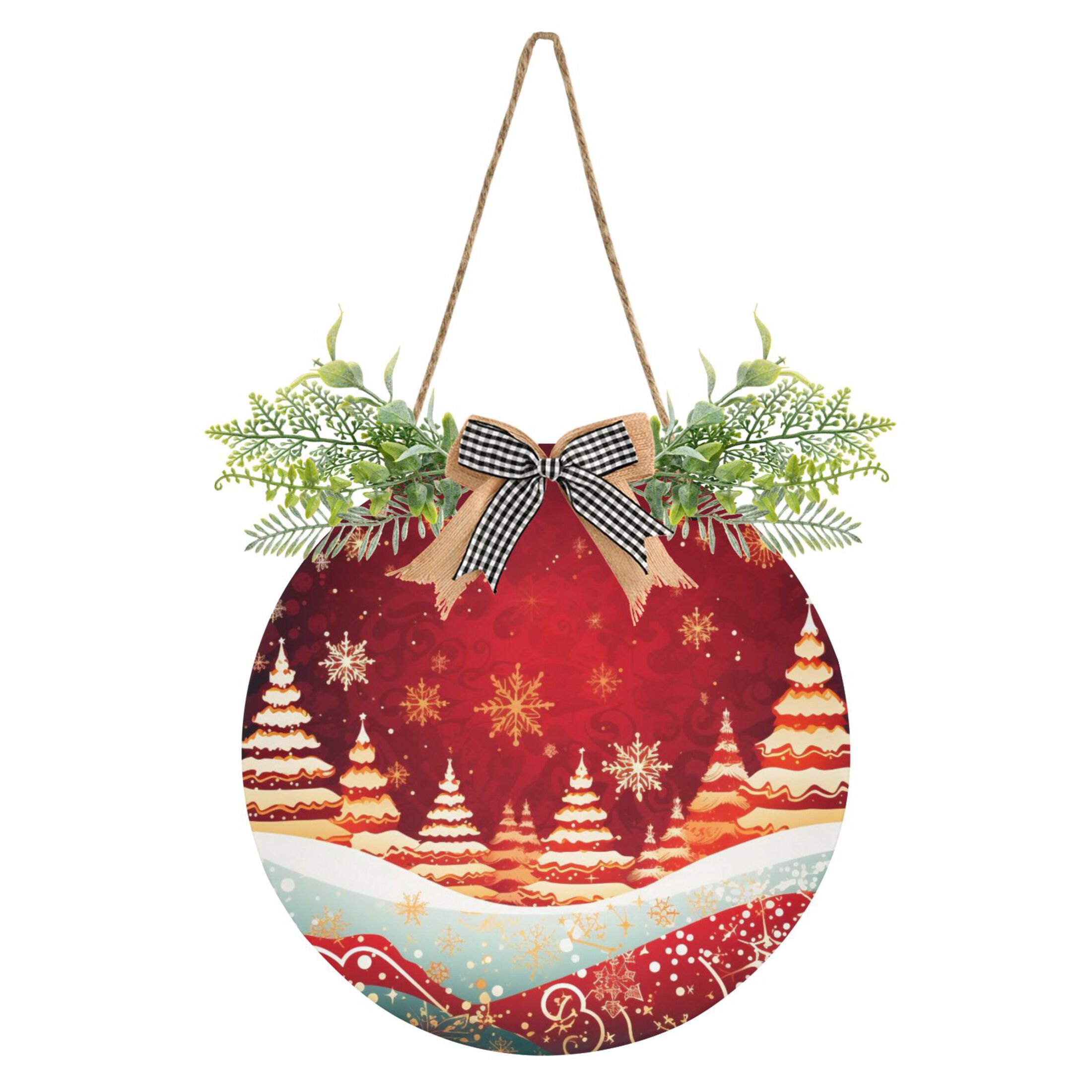 Welcome Door Sign Christmas Trees Red 11.8" Round Front Entrance ...