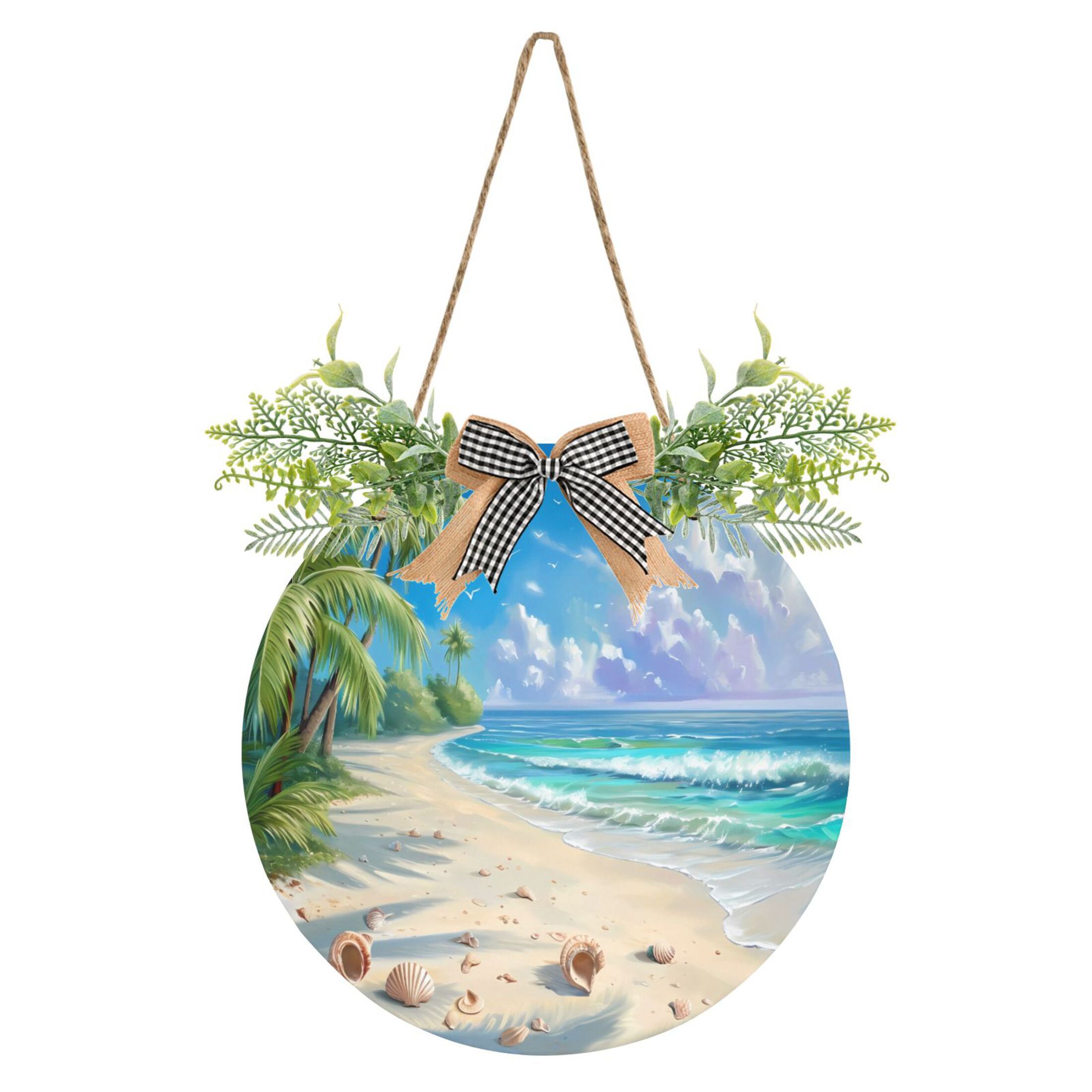 Welcome Door Sign Coconut Tree on Beach 11.8" Round Front Entrance ...