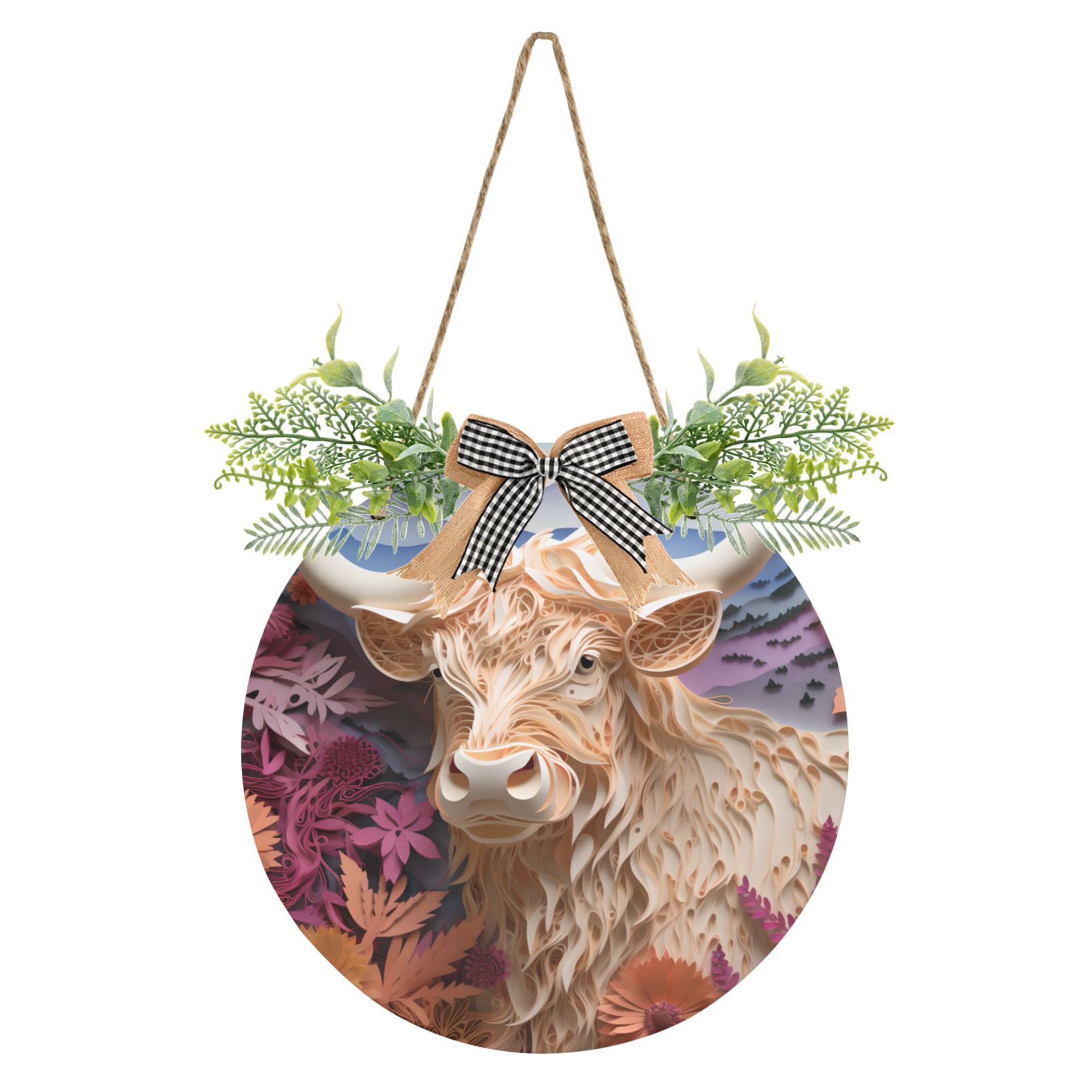 Welcome Door Sign Cow and Flowers 11.8" Round Front Entrance Hanging ...