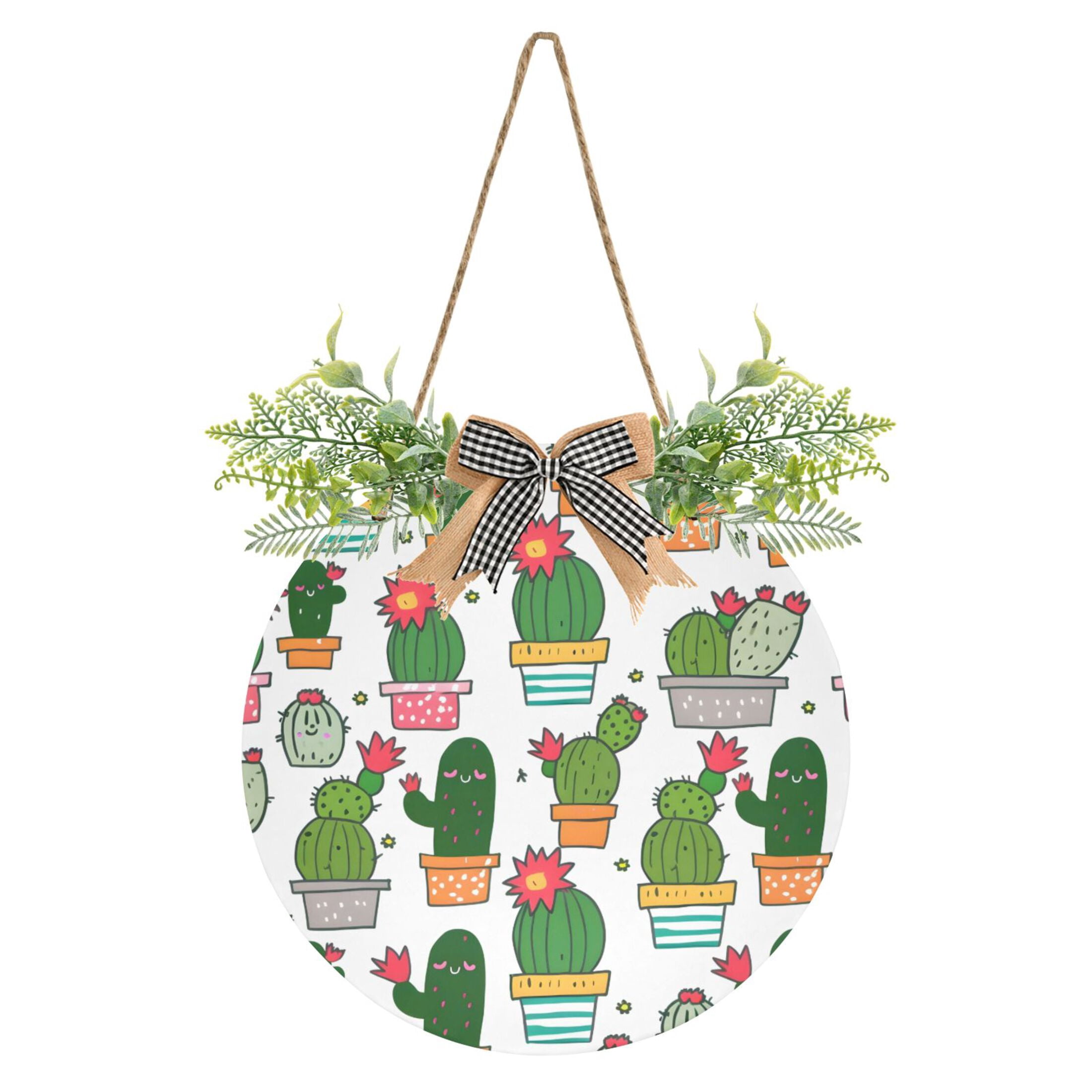 Welcome Door Sign Cute Cactus 11.8" Round Front Entrance Hanging Sign ...