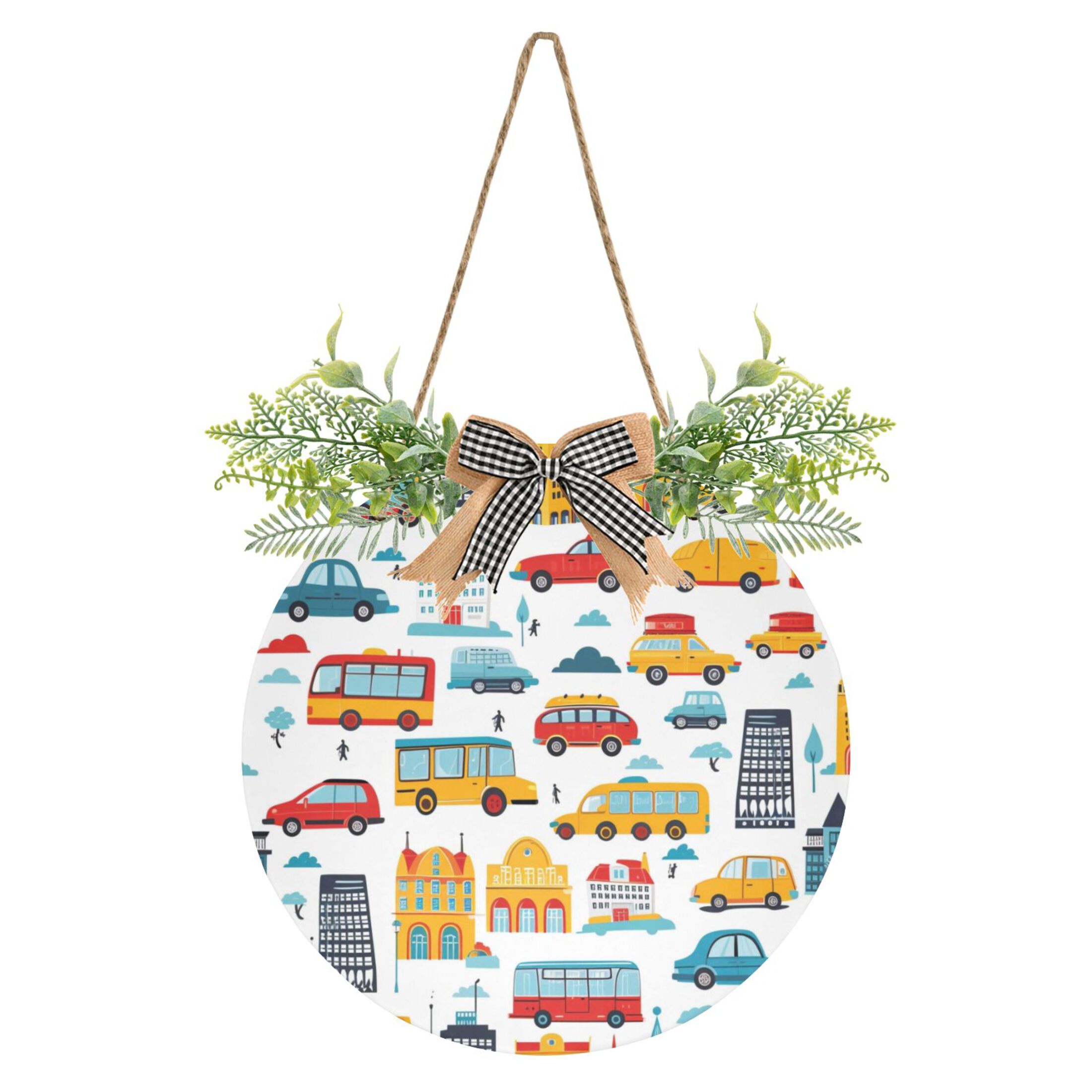 Welcome Door Sign Cute Cartoon Buses Car 11.8" Round Front Entrance ...