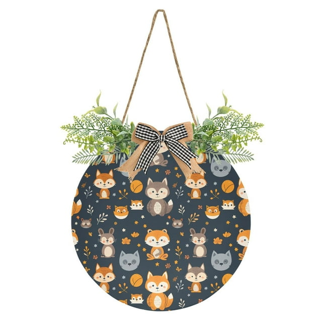 Welcome Door Sign Cute Cartoon Foxes 11.8" Round Front Entrance Hanging ...