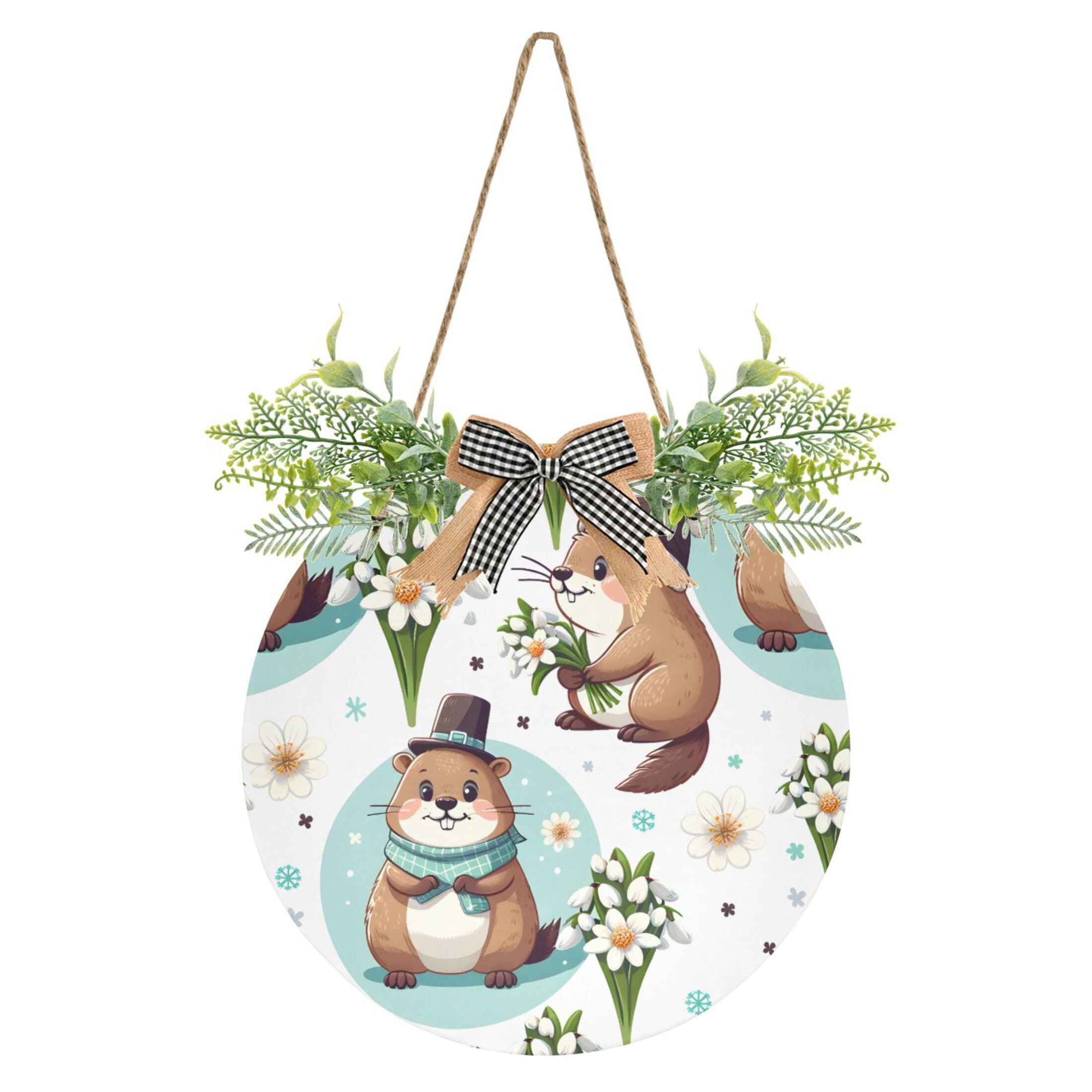 Welcome Door Sign Cute Cartoon Groundhog 11.8" Round Front Entrance ...