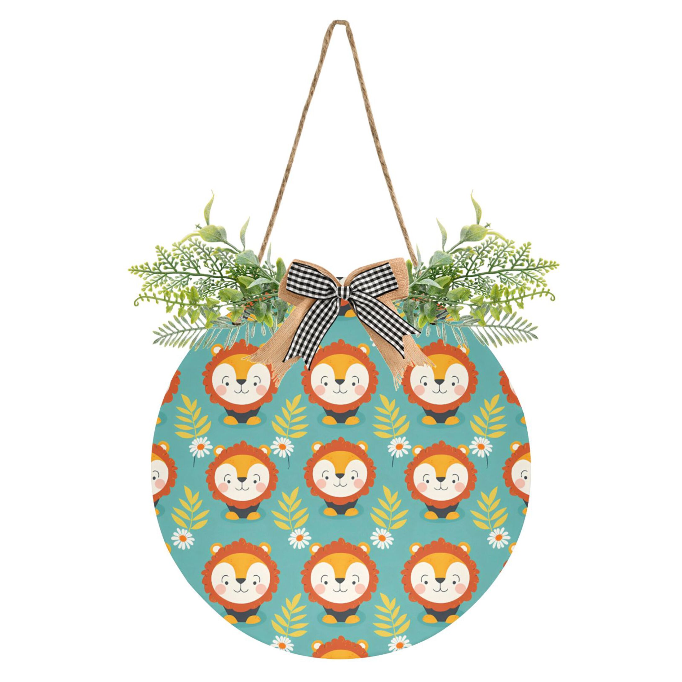 Welcome Door Sign Cute Cartoon Lions and Floral 11.8" Round Front ...