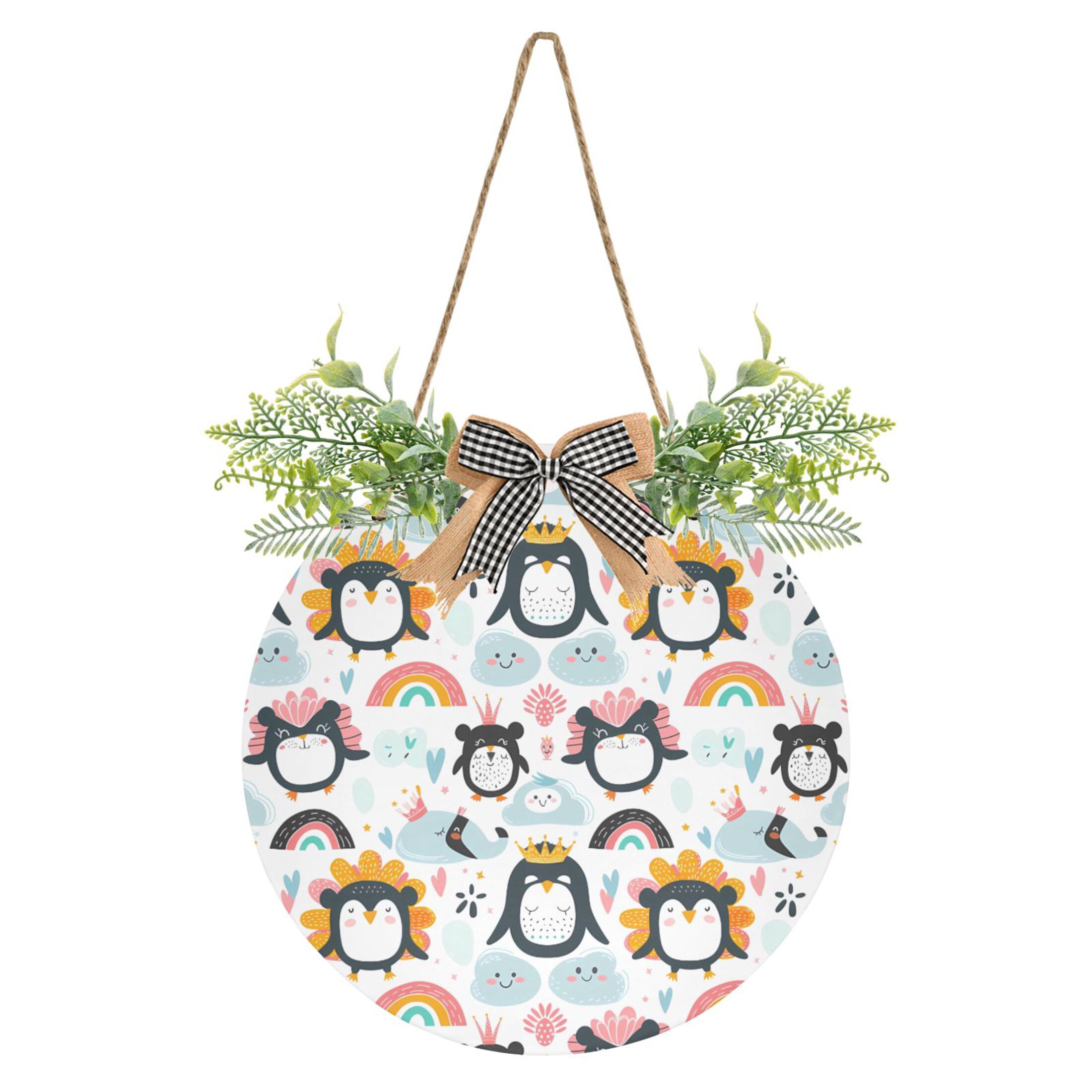 Welcome Door Sign Cute Cartoon Penguins 11.8" Round Front Entrance ...