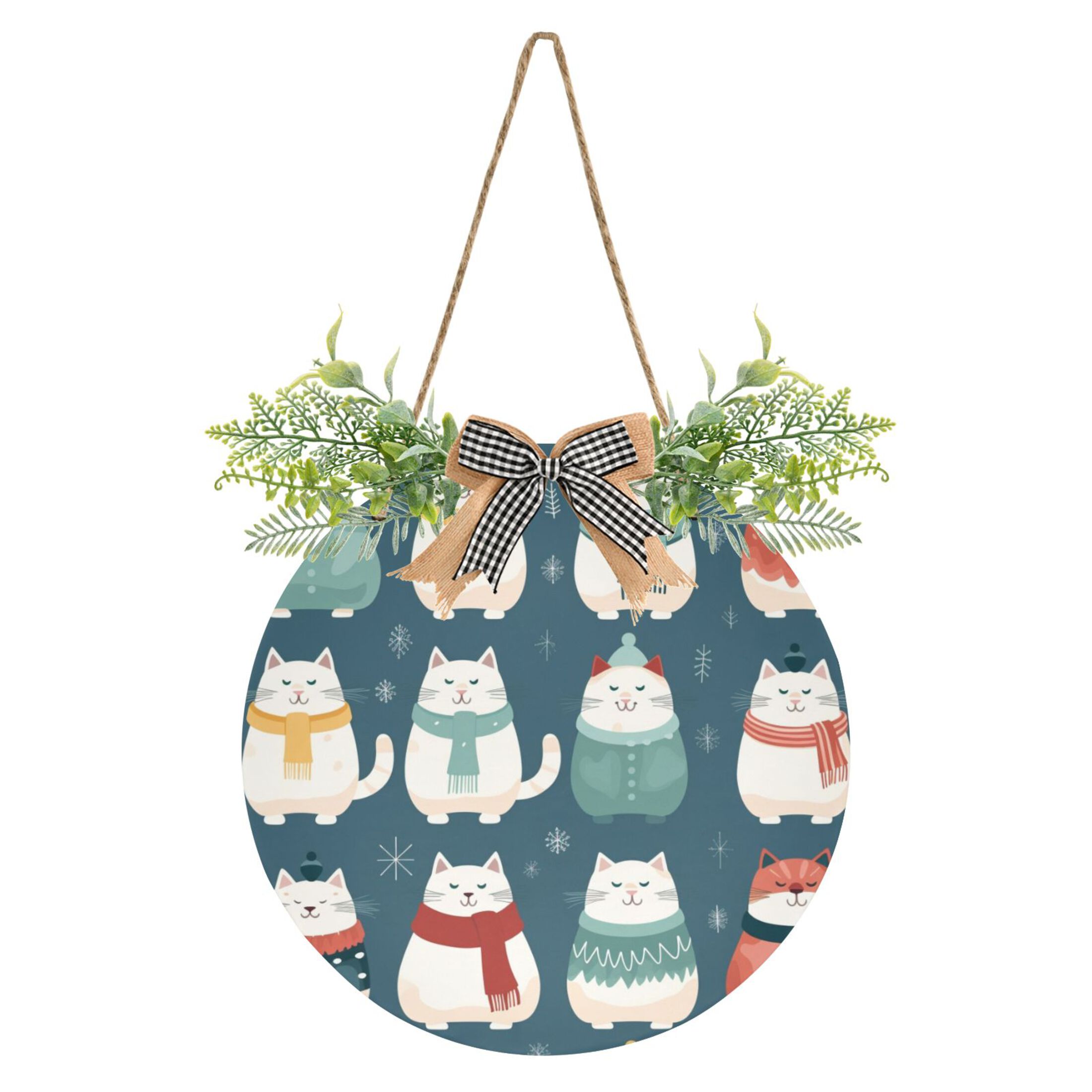 Welcome Door Sign Cute Cat 11.8" Round Front Entrance Hanging Sign with ...