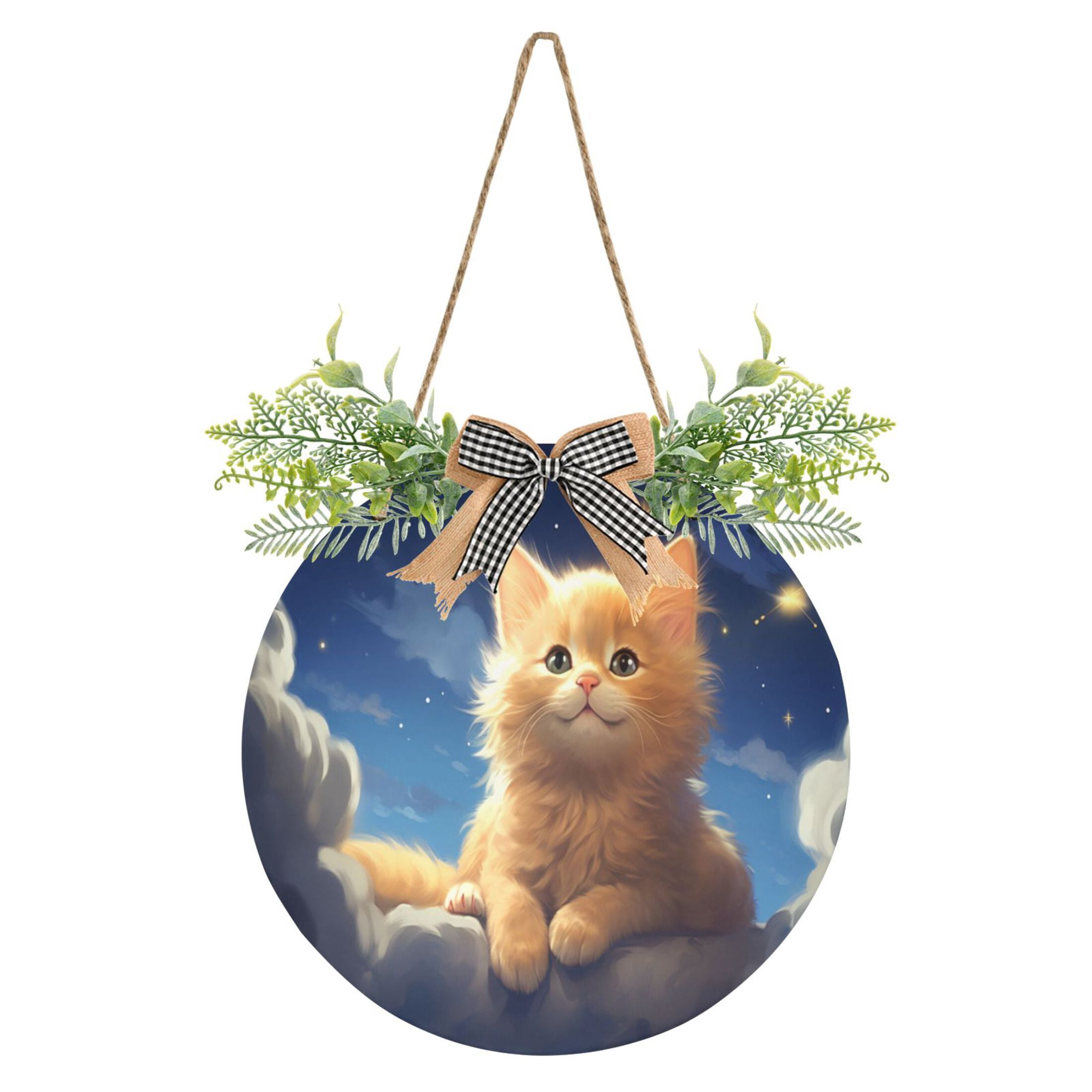 Welcome Door Sign Cute Cat on Clouds 11.8" Round Front Entrance Hanging ...