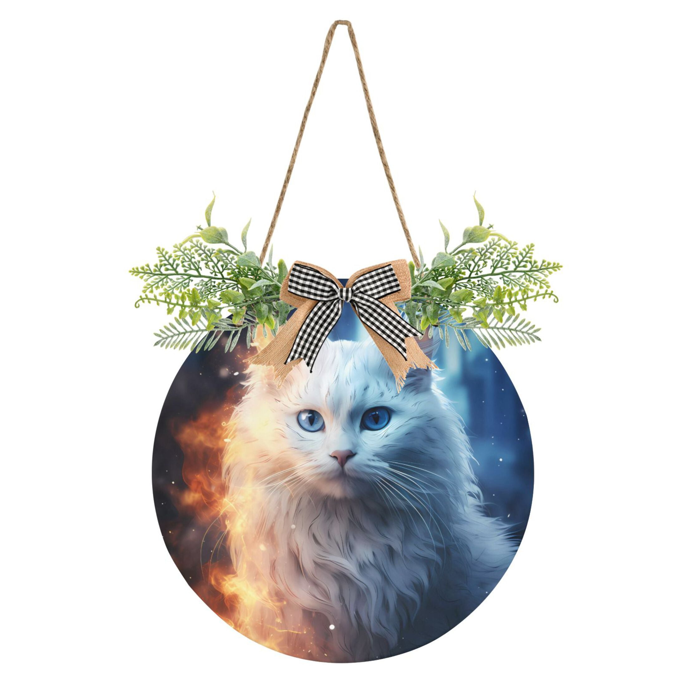 Welcome Door Sign Cute Cat on Fire 11.8" Round Front Entrance Hanging ...