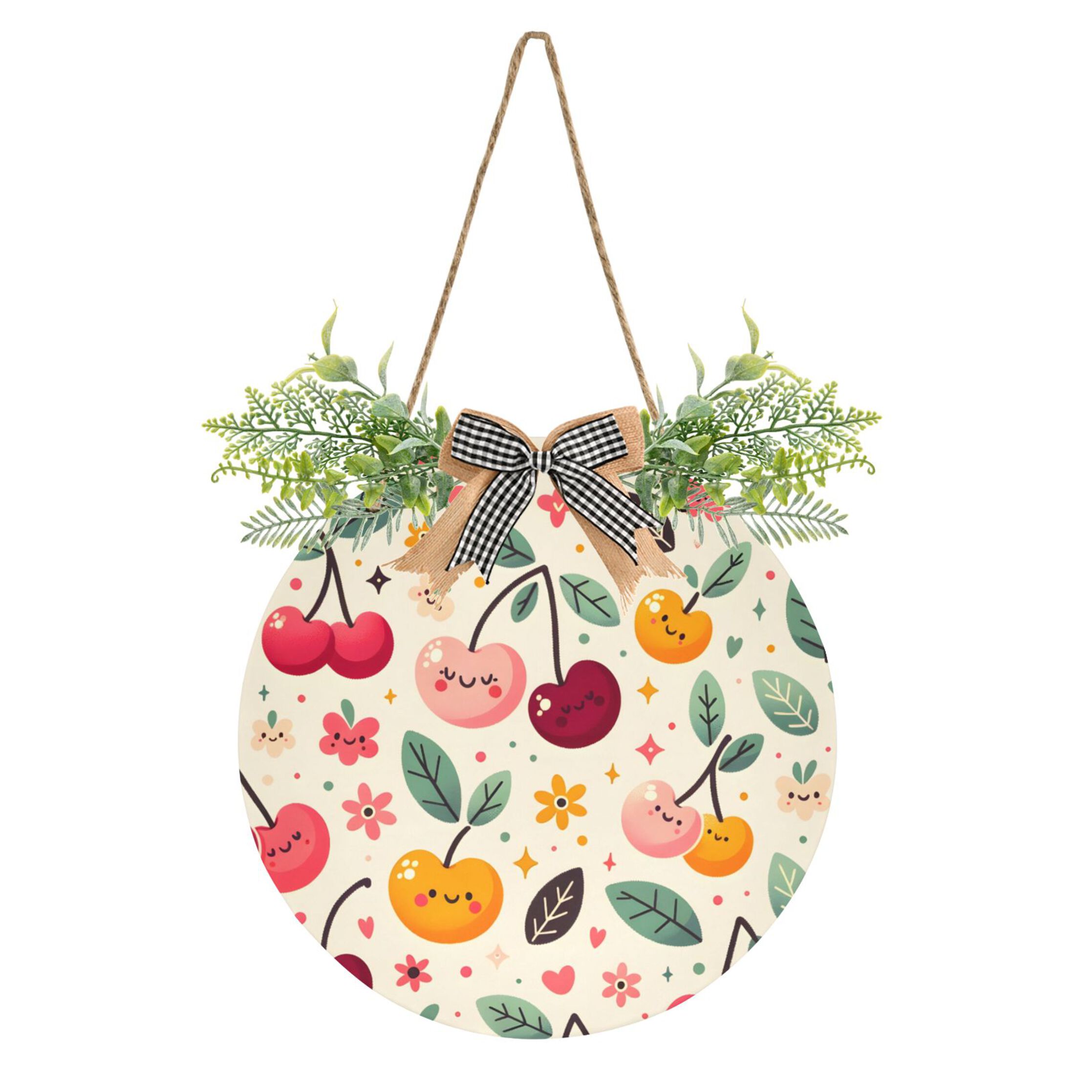 Welcome Door Sign Cute Cherry and Leaf 11.8" Round Front Entrance ...