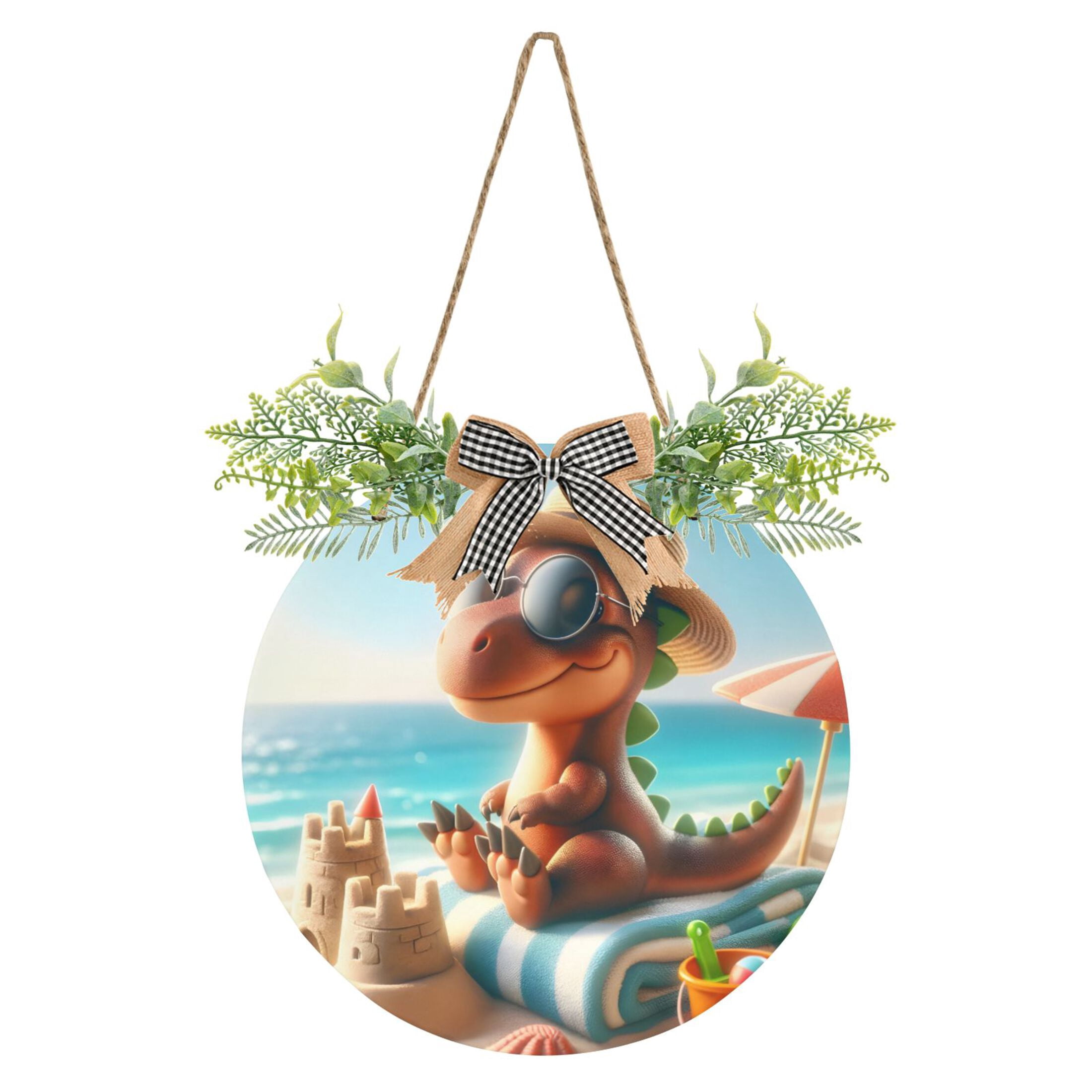 Welcome Door Sign Cute Dinosaur on Vacation 11.8" Round Front Entrance ...