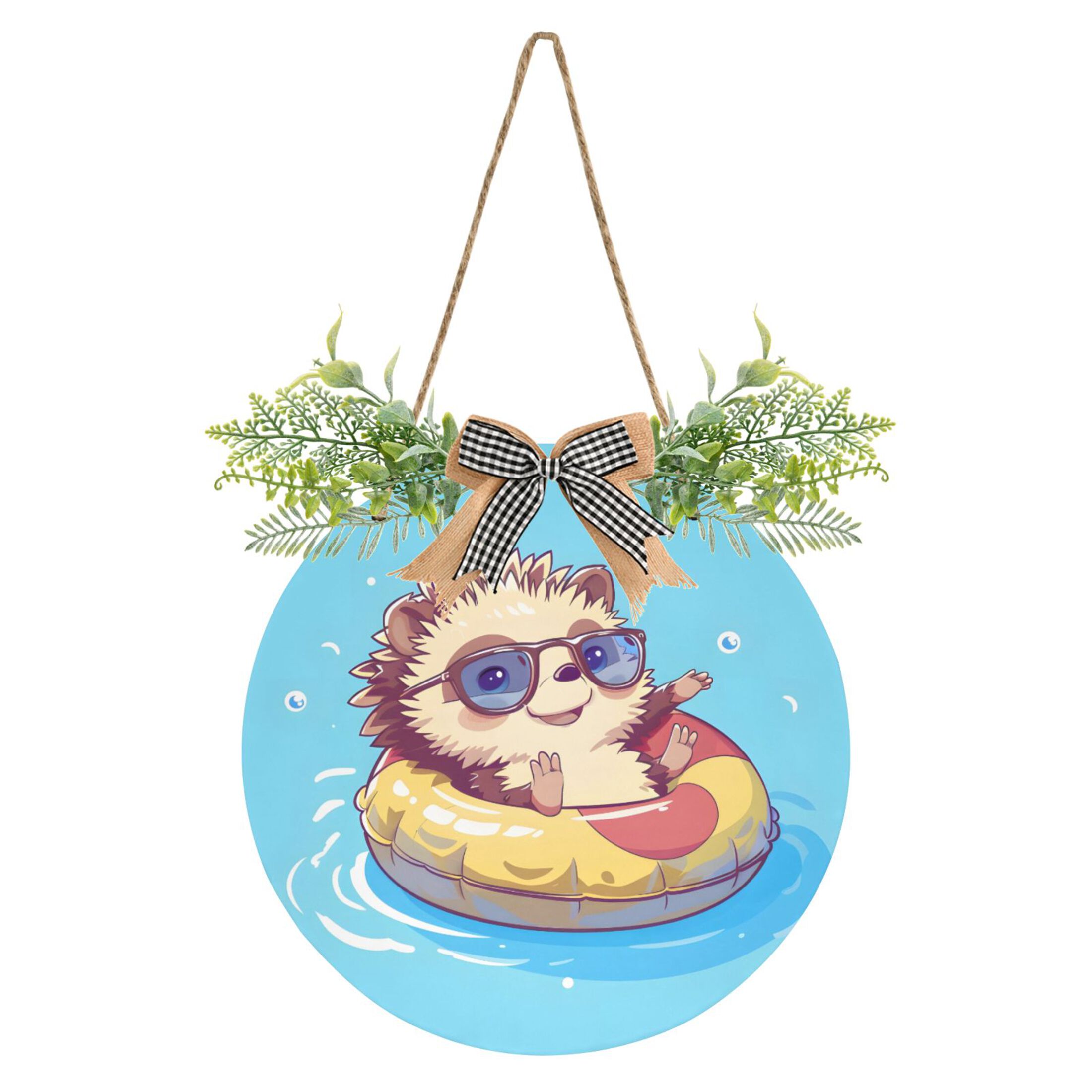 Welcome Door Sign Cute Hedgehog Swimming 11.8" Round Front Entrance ...