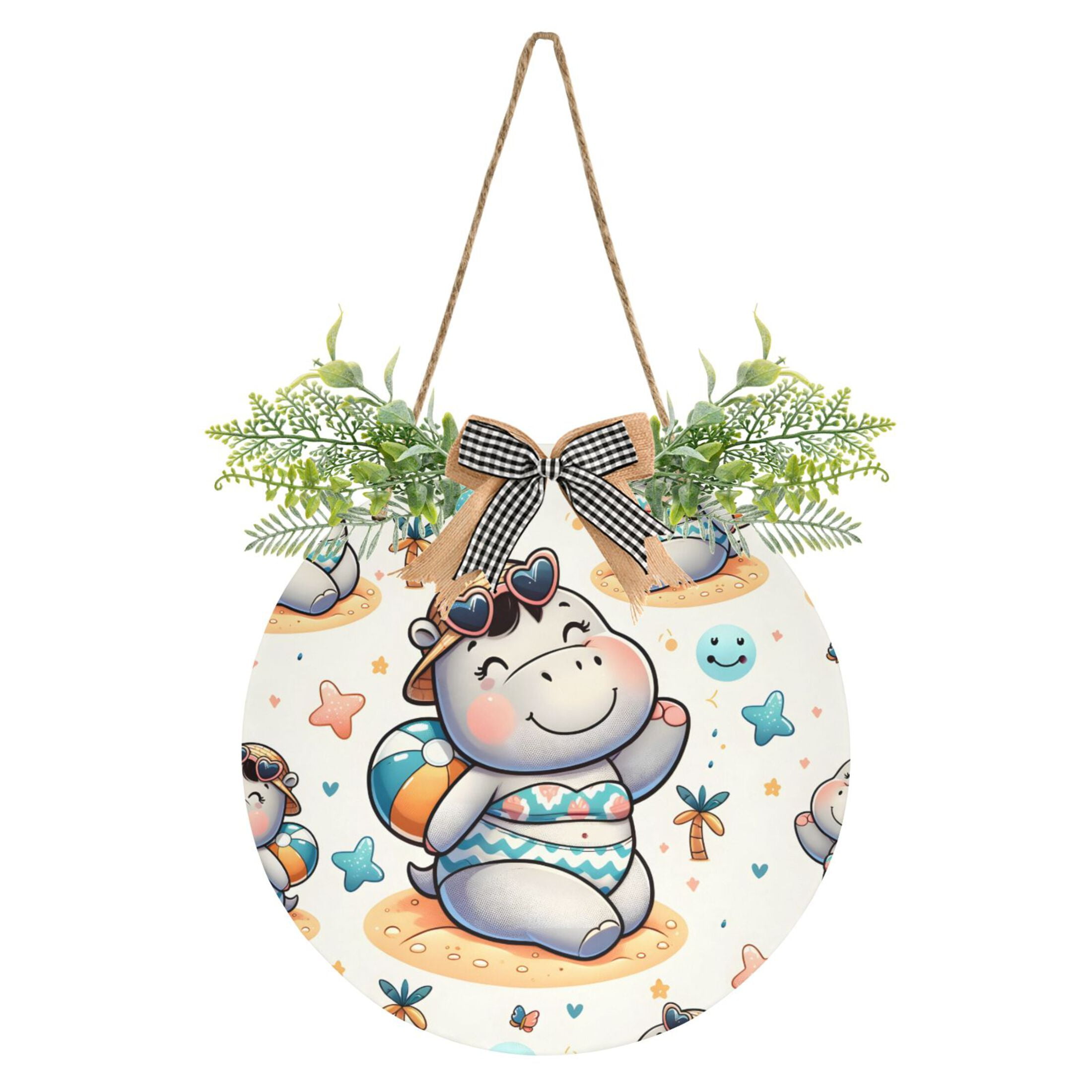 Welcome Door Sign Cute Hippo on Beach 11.8" Round Front Entrance ...