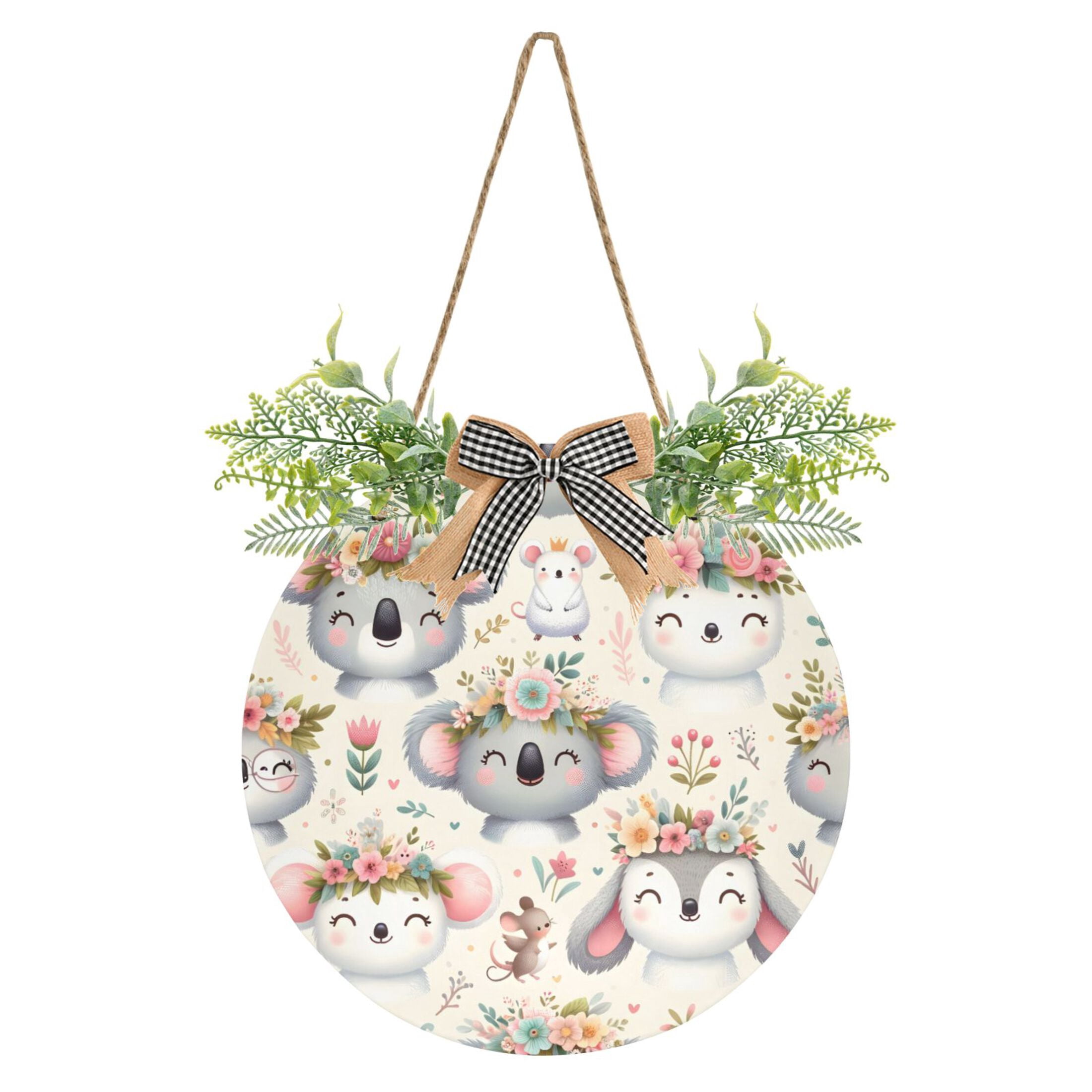 Welcome Door Sign Cute Koala Llama and Floral 11.8" Round Front ...