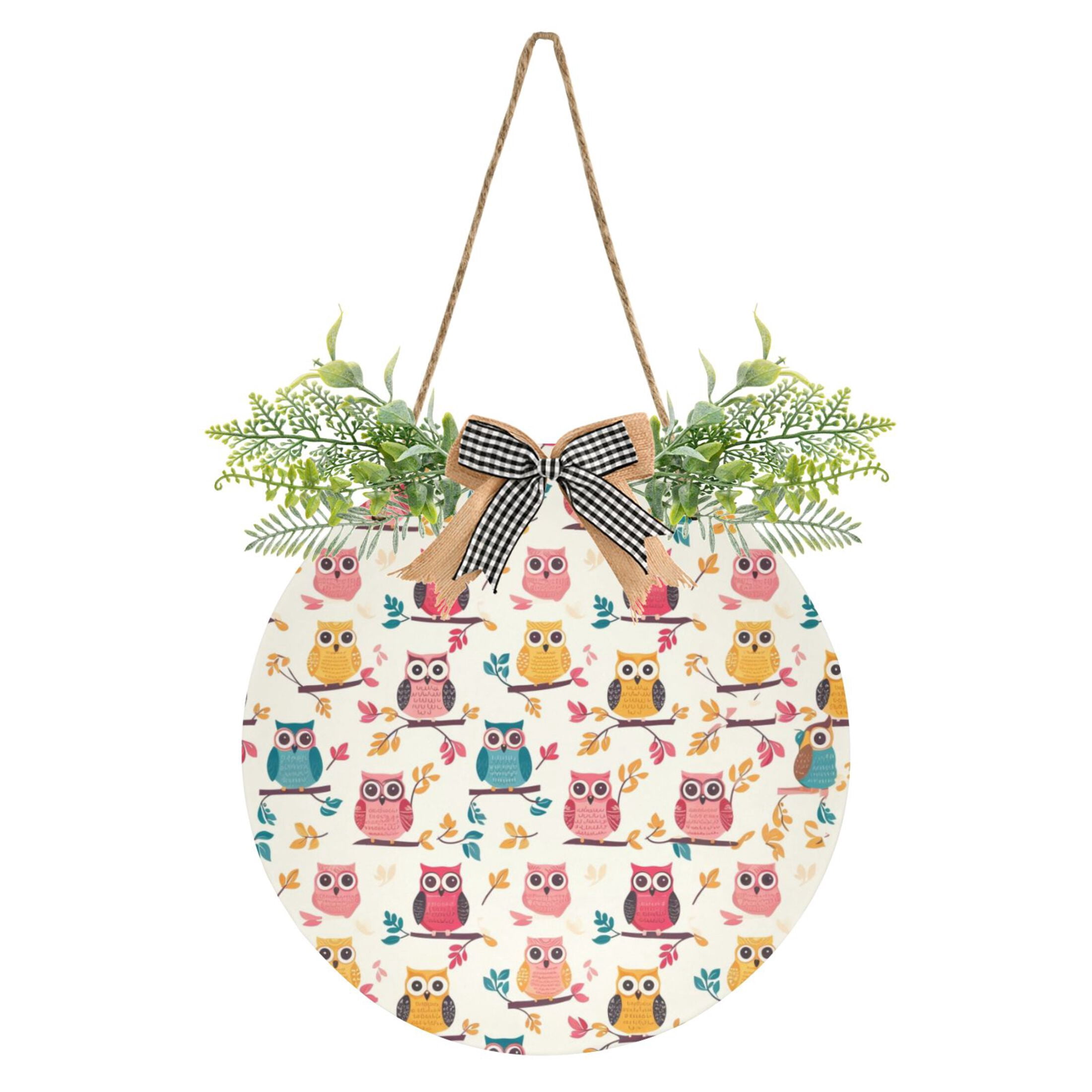 Welcome Door Sign Cute Owls with Leaves 11.8" Round Front Entrance ...