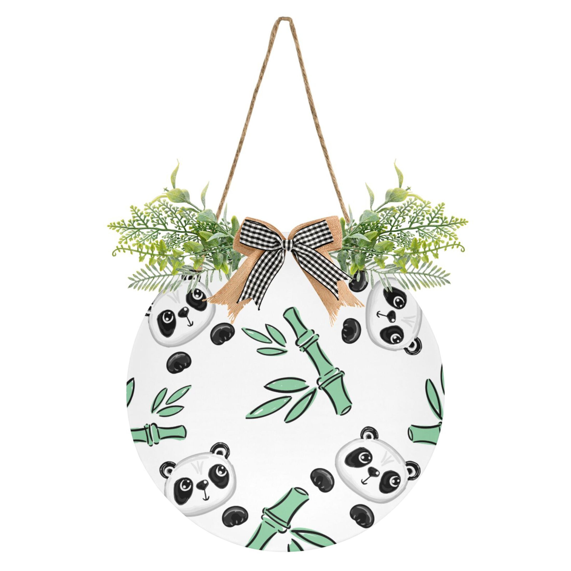 Welcome Door Sign Cute Pandas and Bamboos 11.8" Round Front Entrance ...