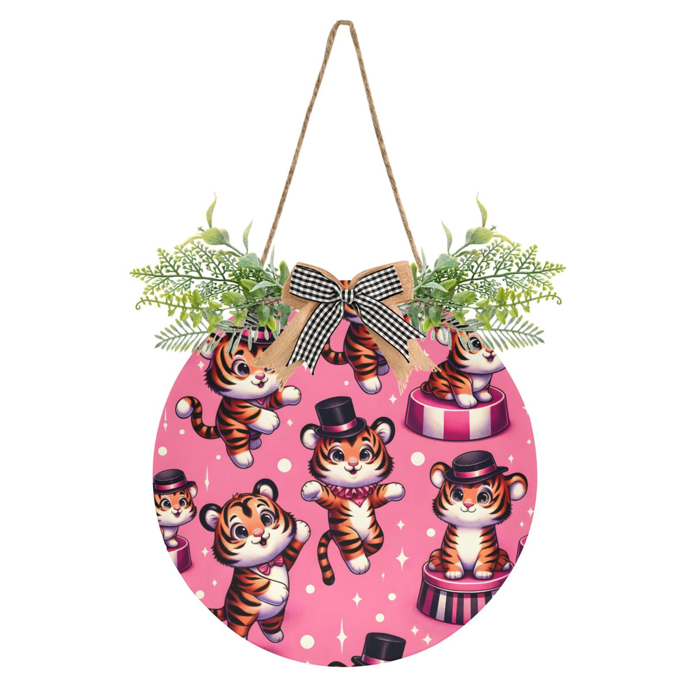 Welcome Door Sign Cute Tigers on Pink 11.8" Round Front Entrance ...