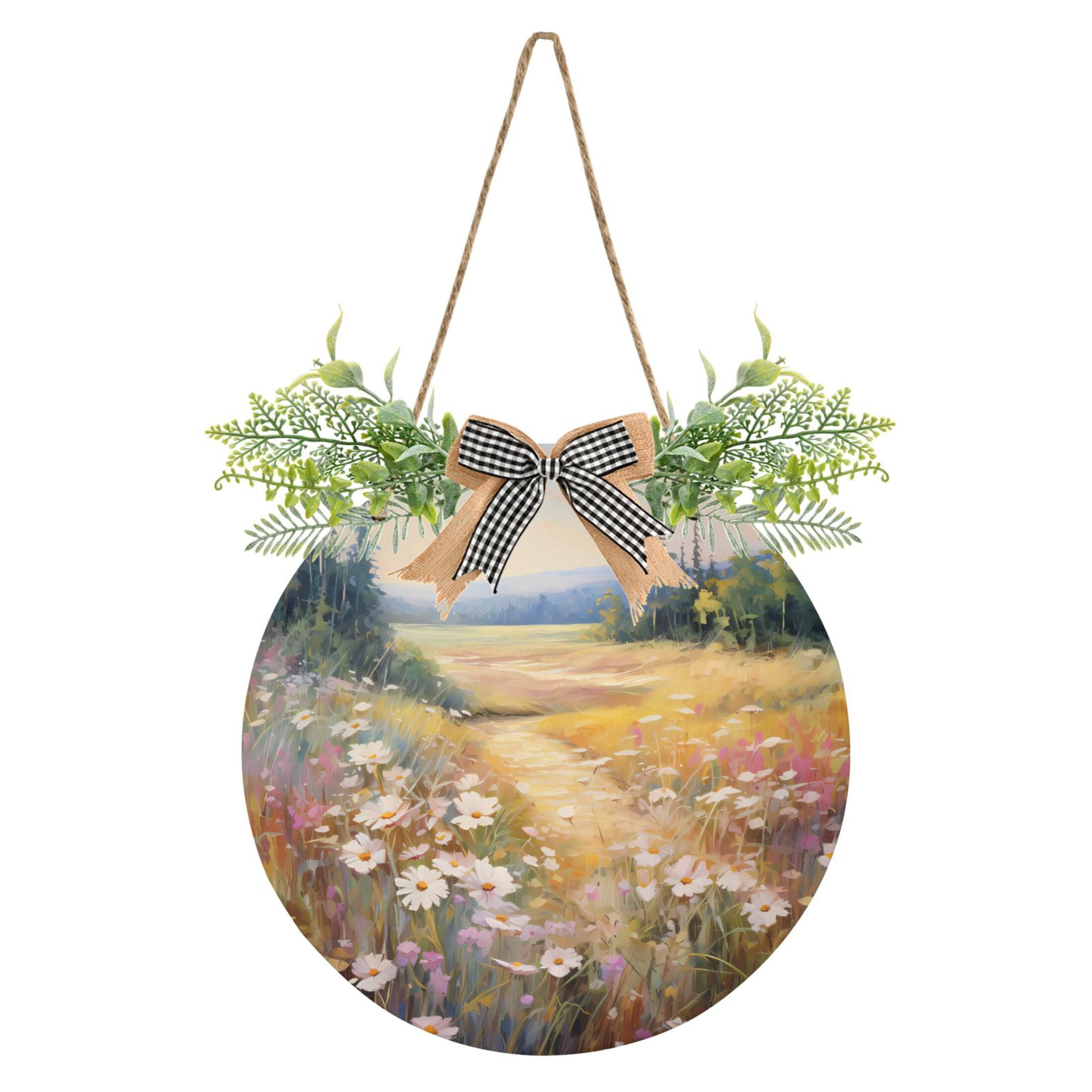 Welcome Door Sign Daisy Flowers Field 11.8" Round Front Entrance ...