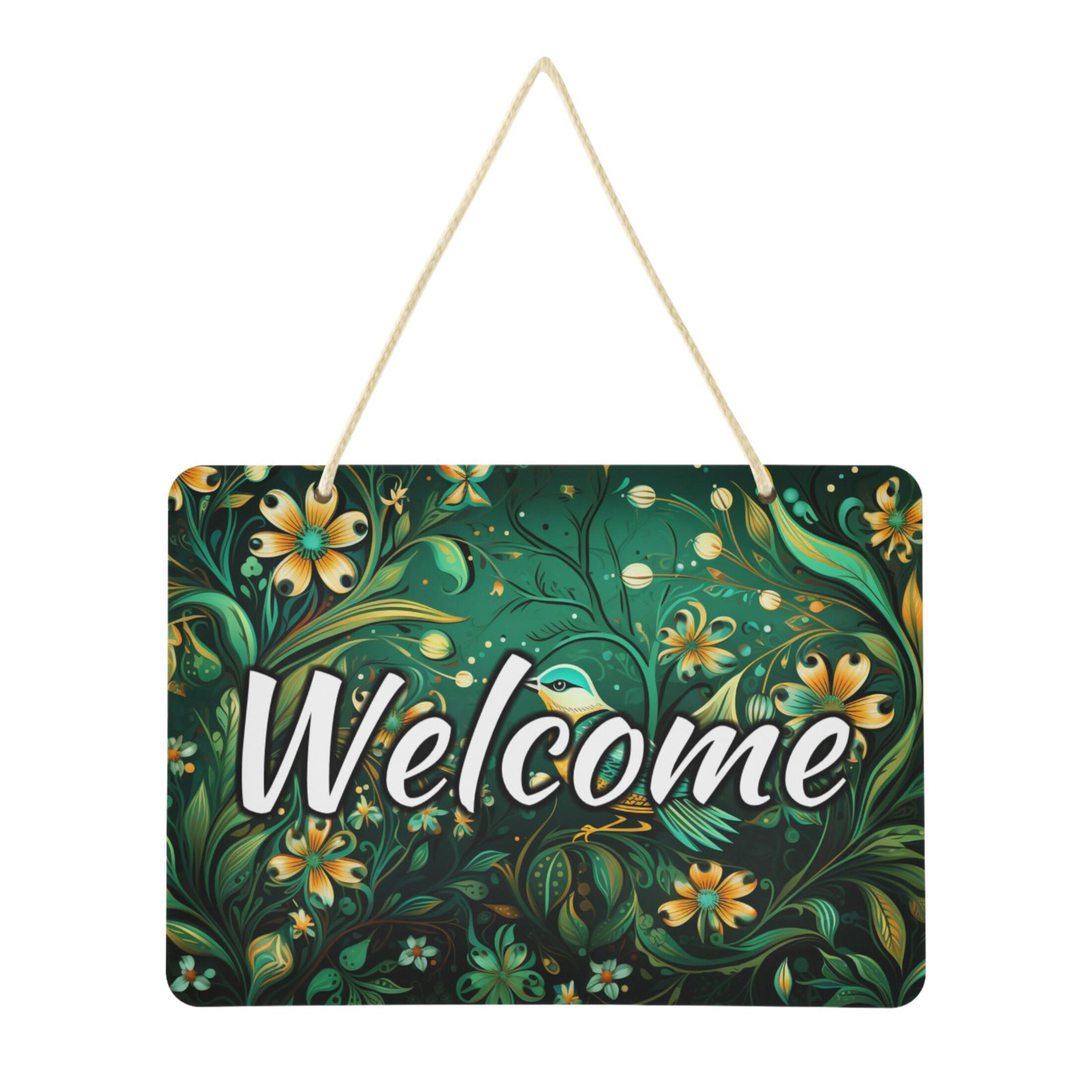 Welcome Door Sign Decoration A Bird and Flowers 13.8" Rectangular Front ...