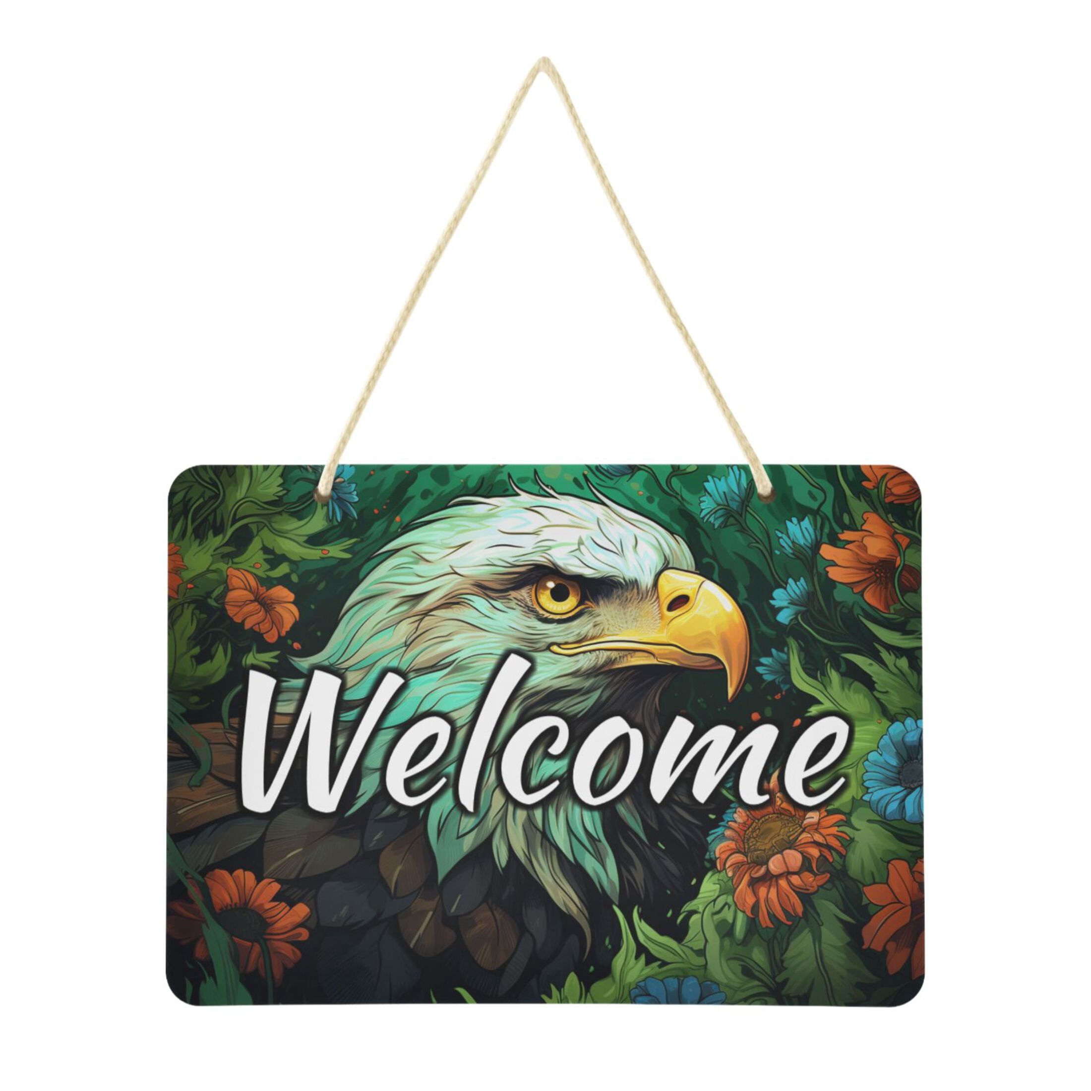 Welcome Door Sign Decoration An Eagle in Floral 13.8" Rectangular Front ...