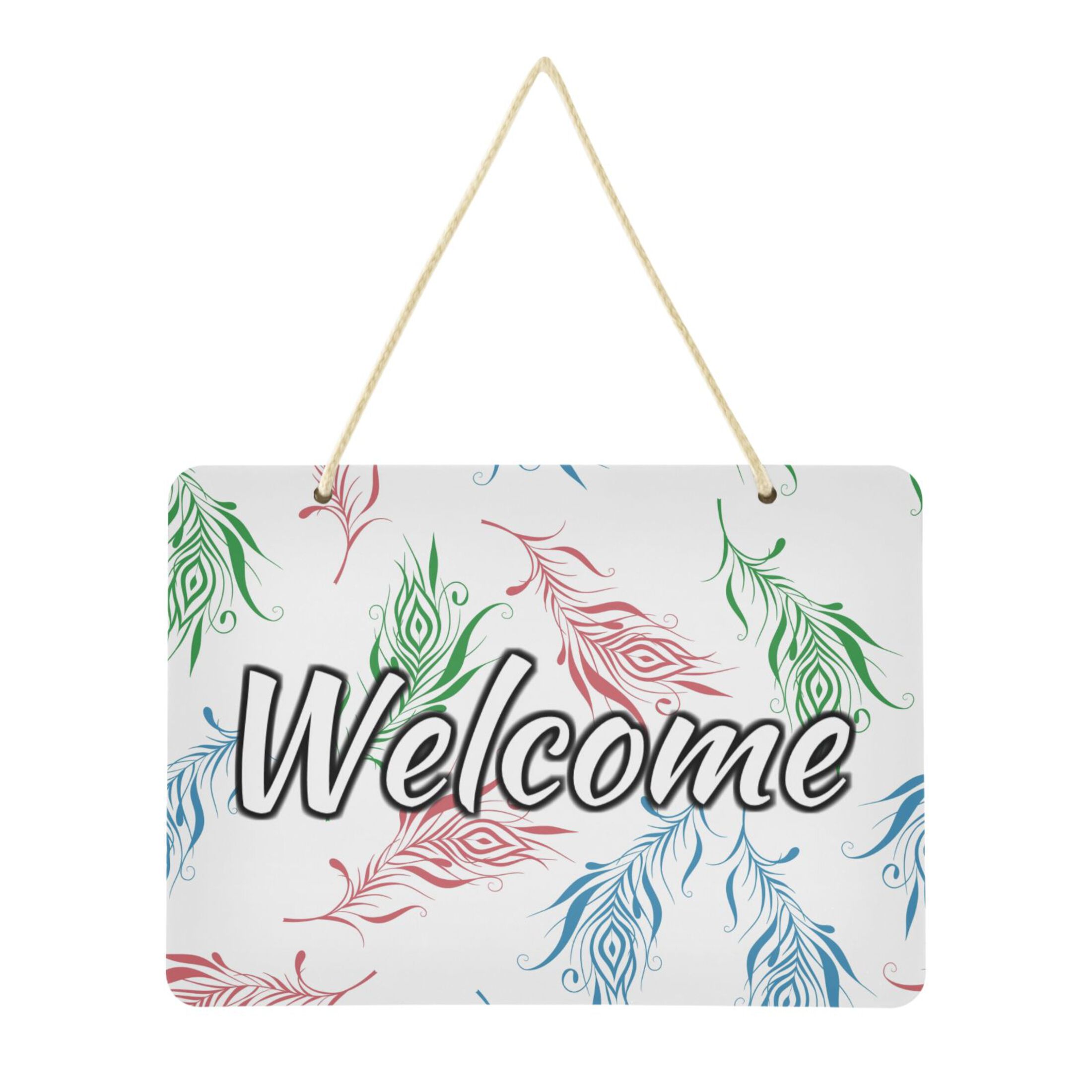 Welcome Door Sign Decoration Beautiful Feathers 13.8" Rectangular Front ...
