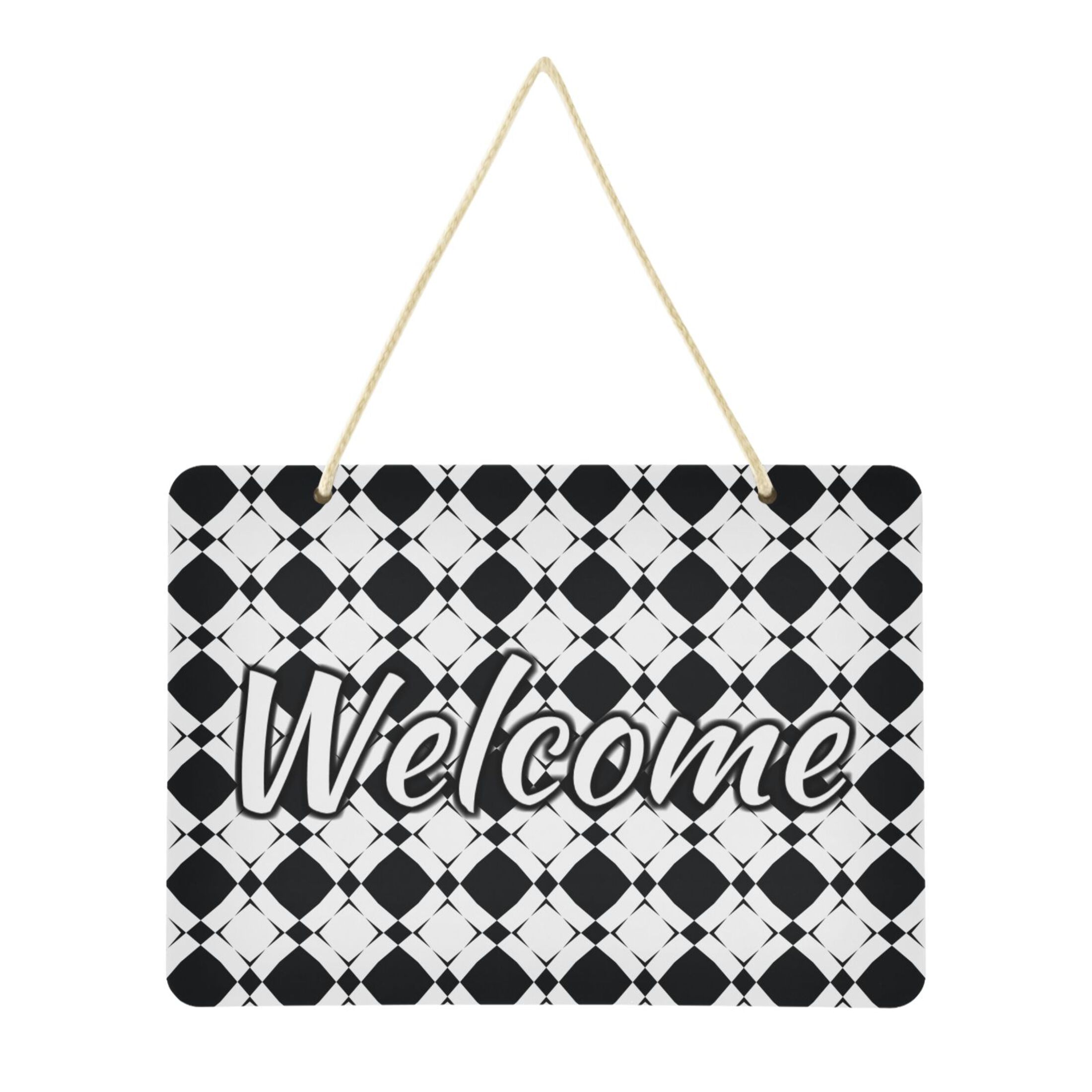 Welcome Door Sign Decoration Black and White Checked 13.8" Rectangular ...