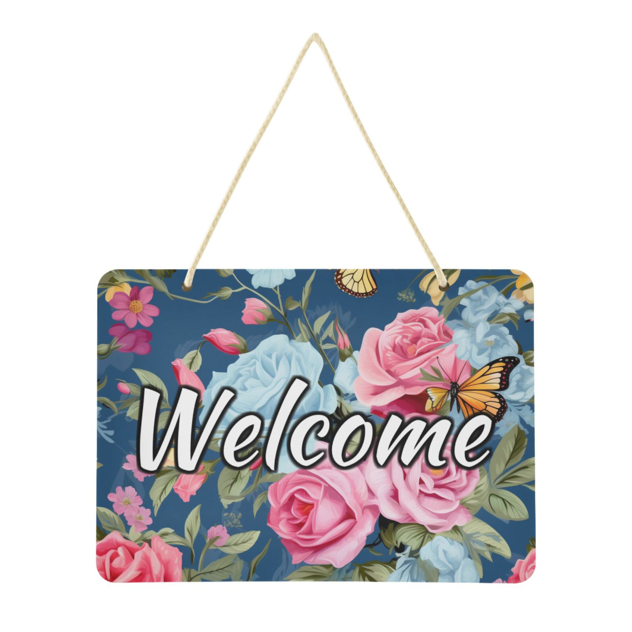 Welcome Door Sign Decoration Butterflies on Roses Floral 13.8 ...