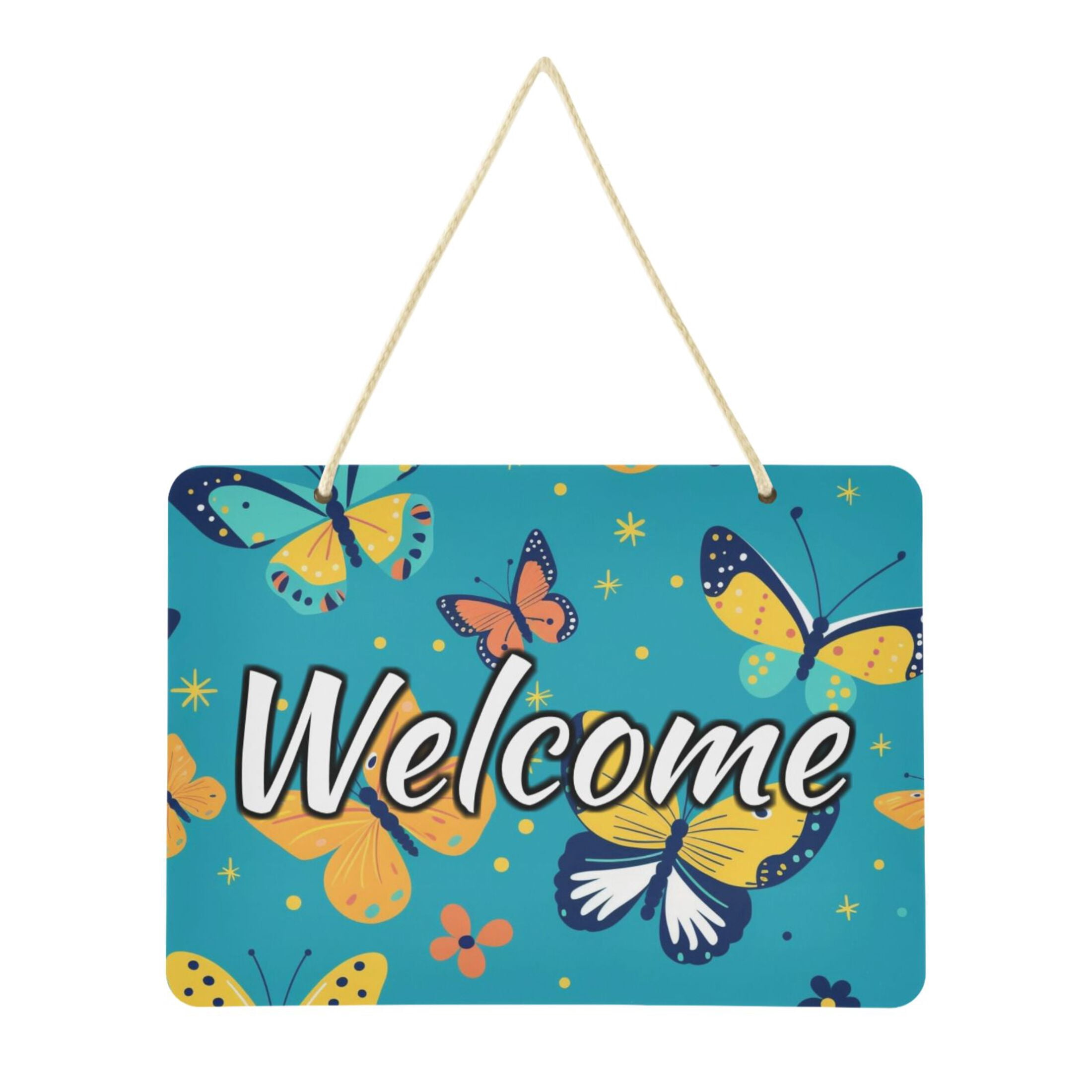 Welcome Door Sign Decoration Butterfly and Floral 13.8" Rectangular ...