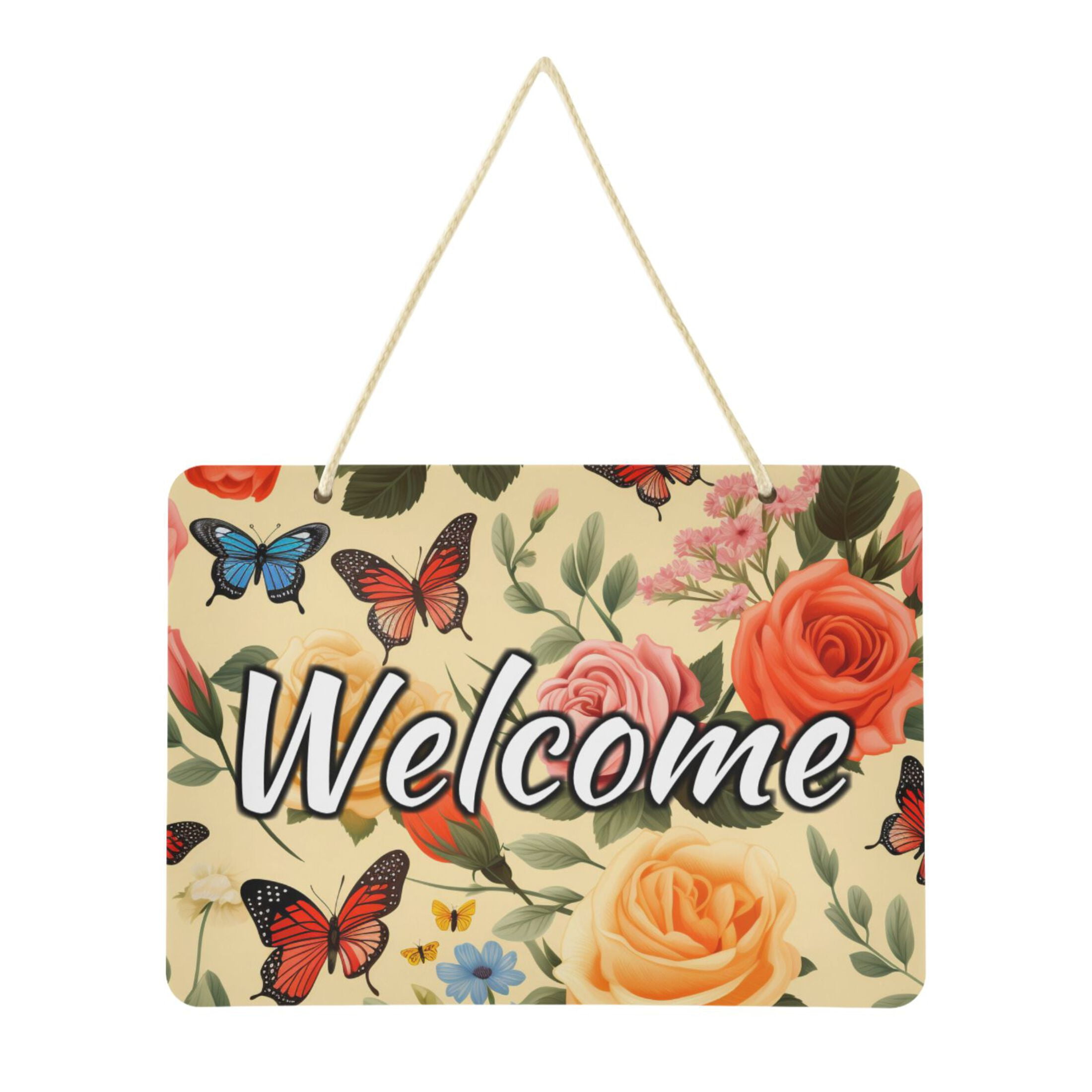 Welcome Door Sign Decoration Butterfly and Roses Flowers 13.8 ...