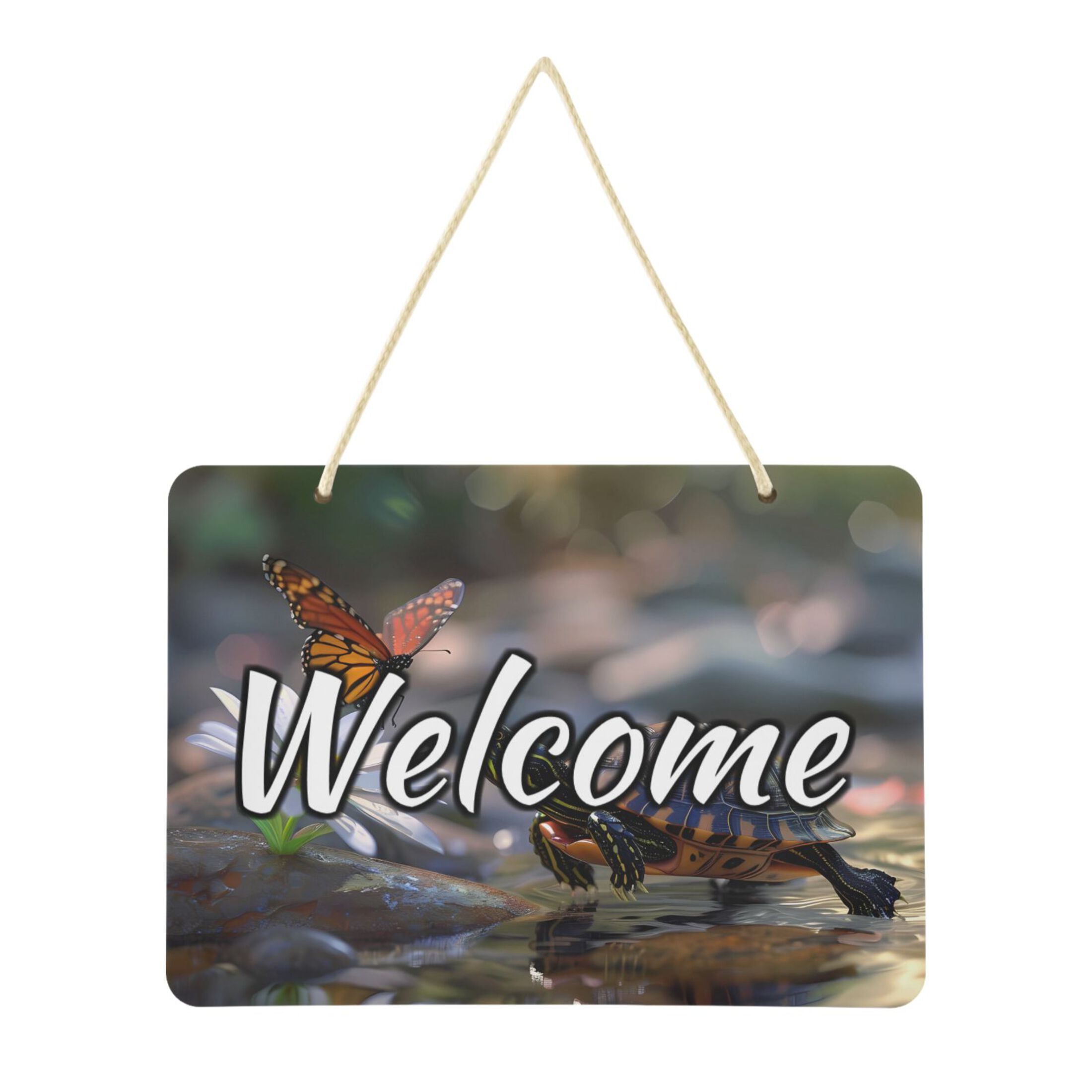 Welcome Door Sign Decoration Butterfly and Turtle 13.8" Rectangular ...