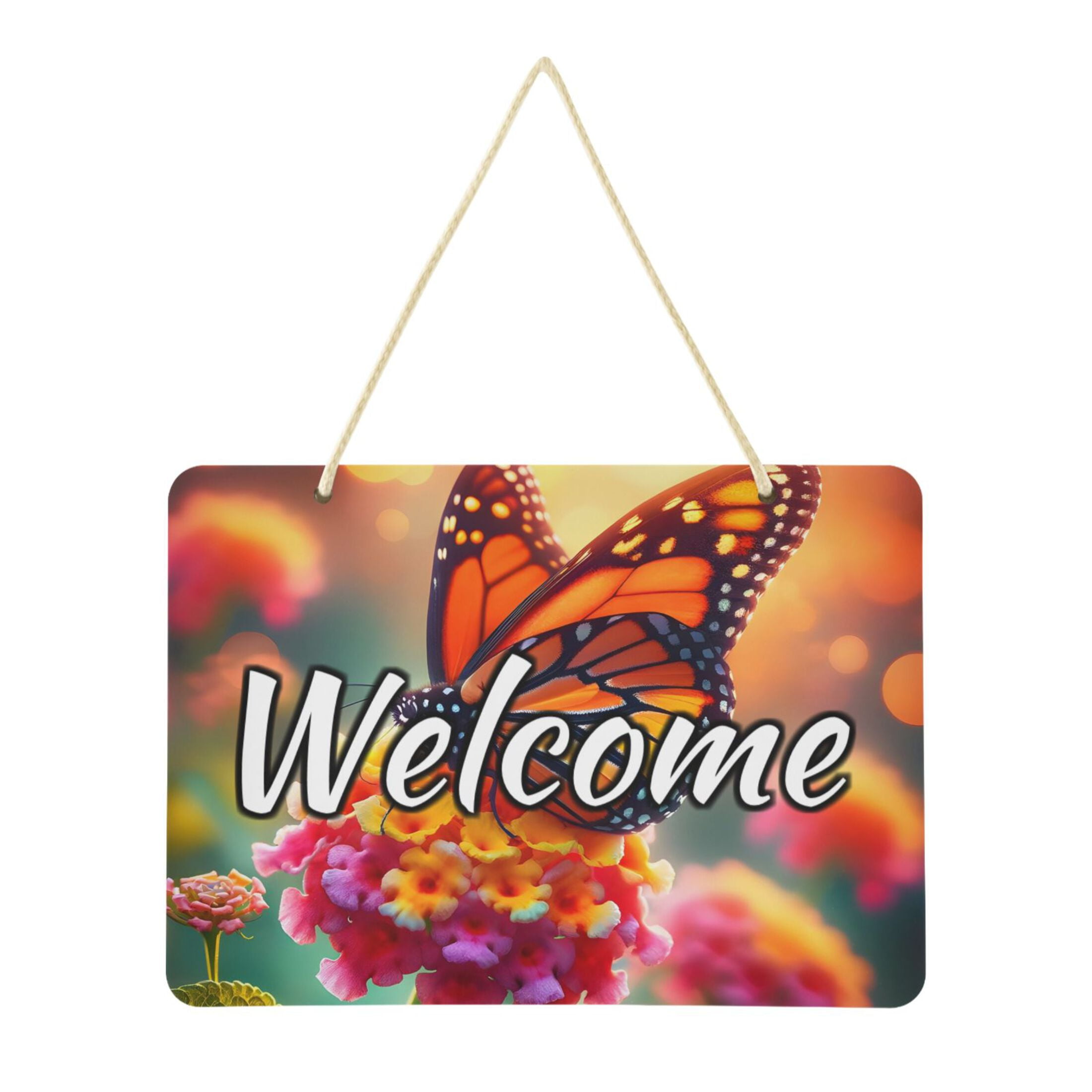 Welcome Door Sign Decoration Butterfly on Flower 13.8" Rectangular ...