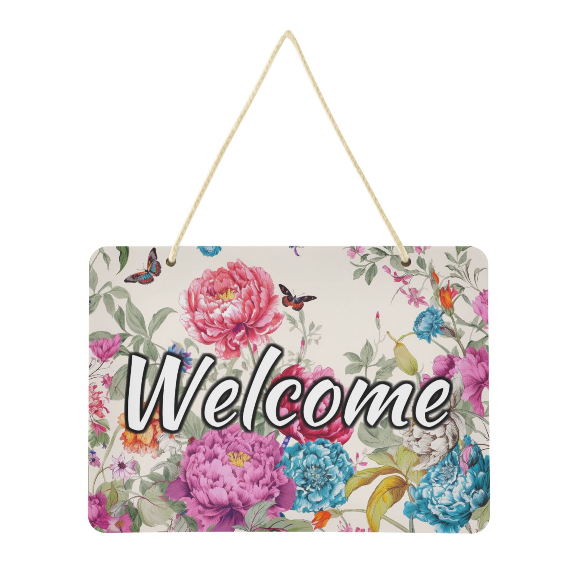 Welcome Door Sign Decoration Butterfly on Peony Flower 13.8 ...