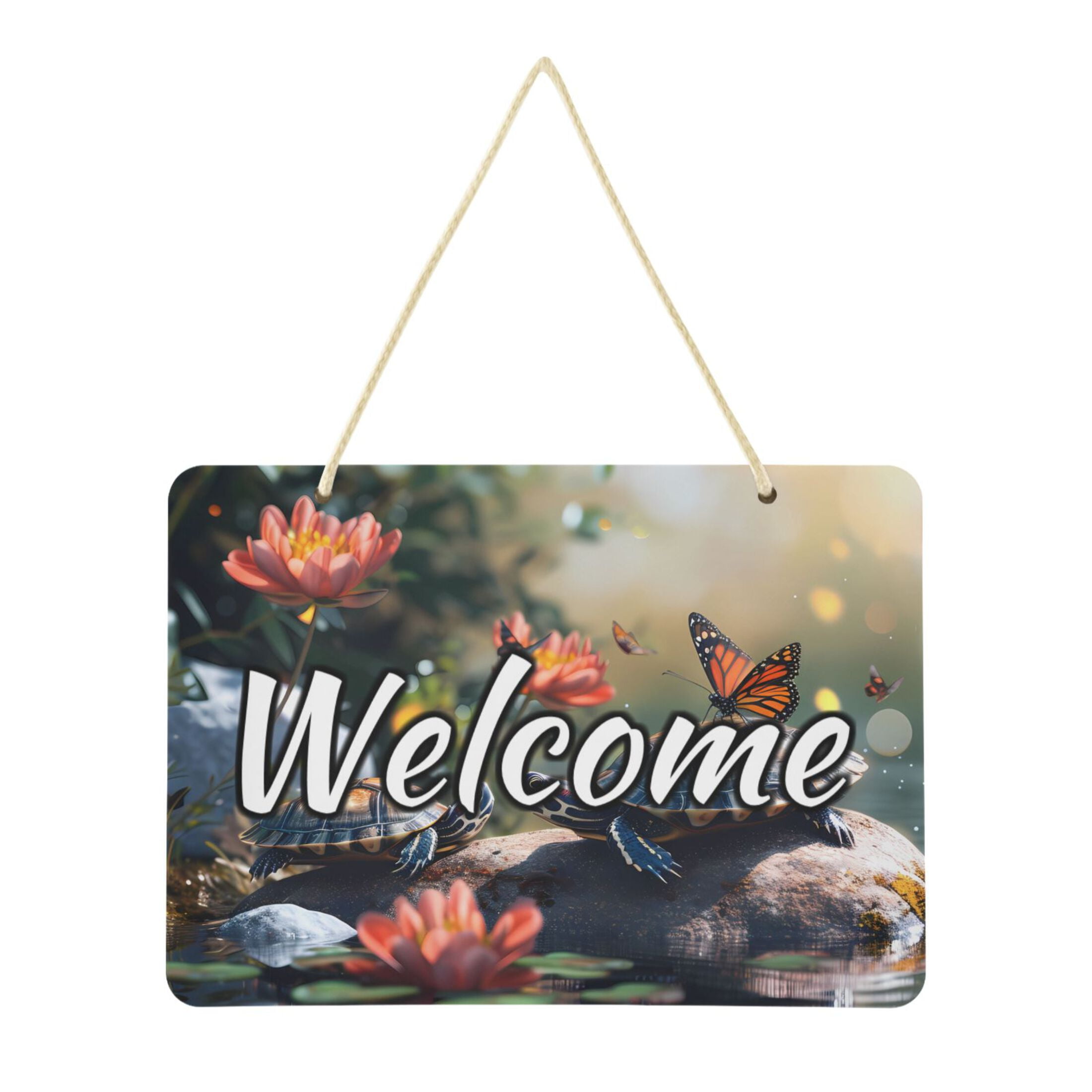 Welcome Door Sign Decoration Butterfly on Turtle Floral 13.8 ...