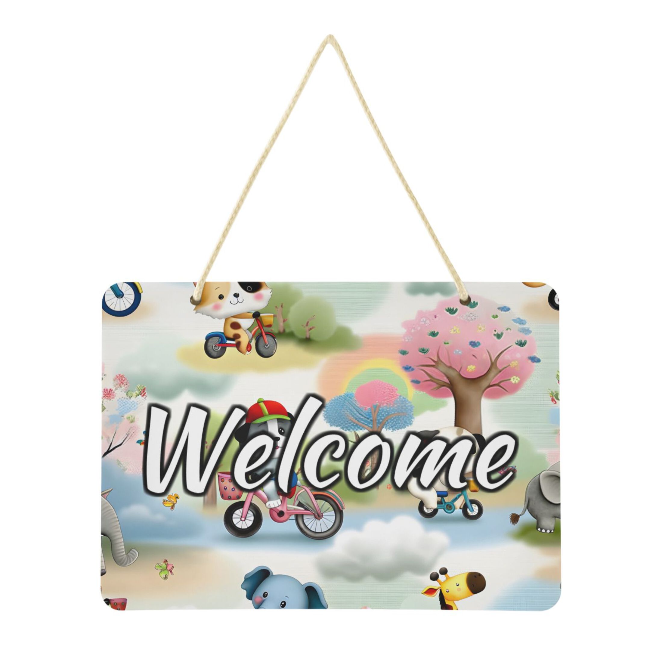 Welcome Door Sign Decoration Cartoon Animals Riding Bicycle 13.8 ...