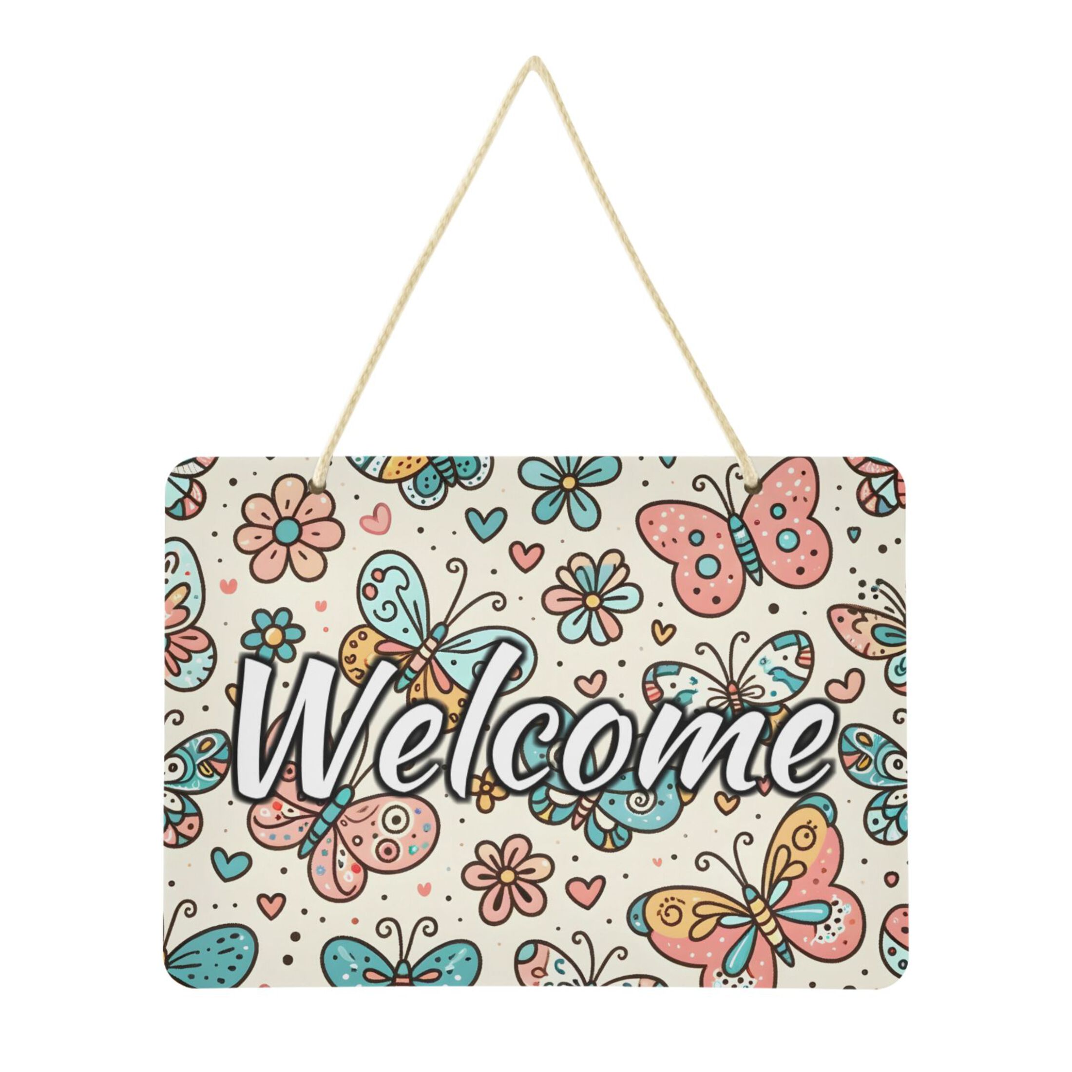 Welcome Door Sign Decoration Cartoon Butterfly 13.8" Rectangular Front ...