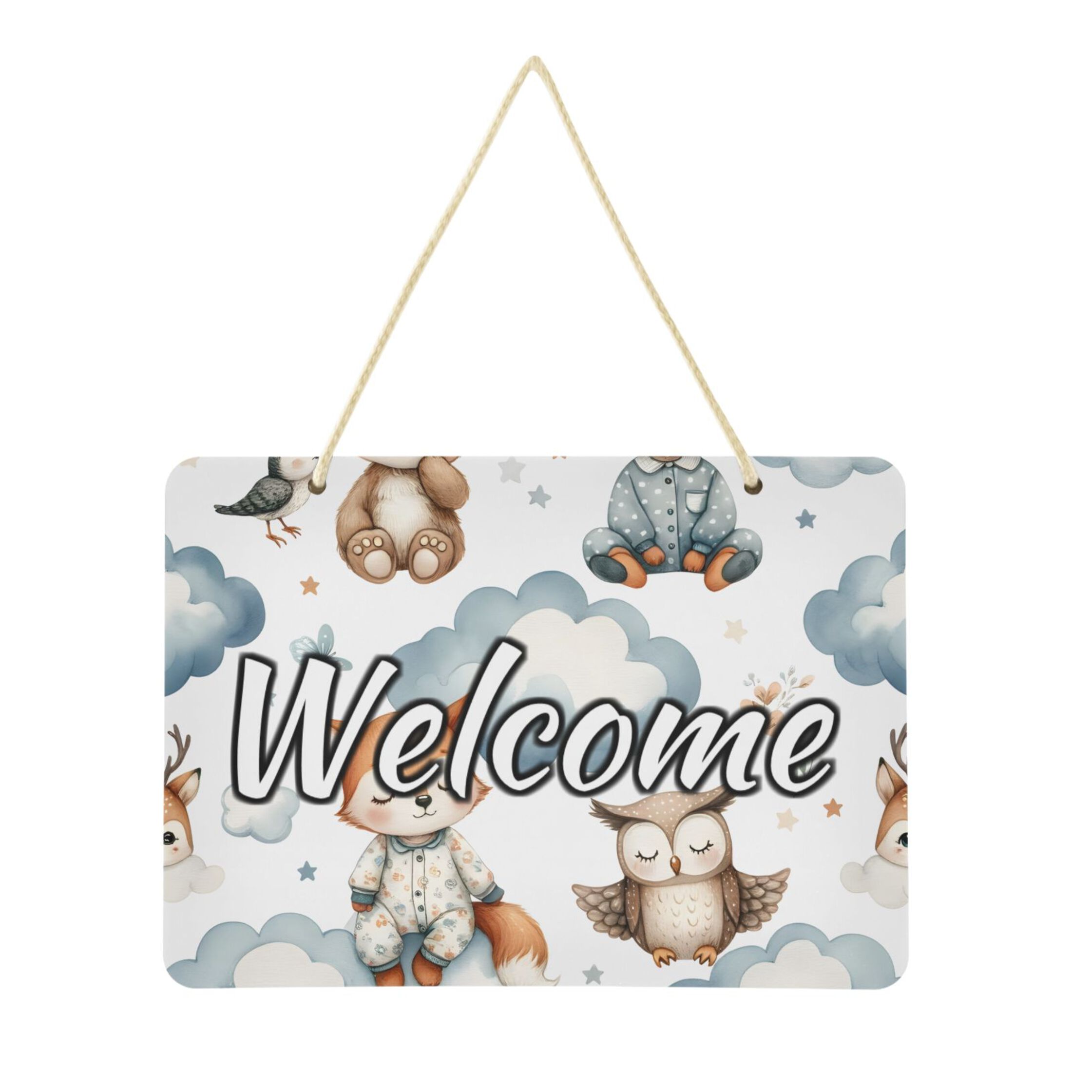 Welcome Door Sign Decoration Cartoon Cute Fox Owl Clouds 13.8 ...