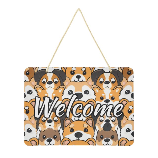Welcome Door Sign Decoration Cartoon Dogs Face 13.8" Rectangular Front ...