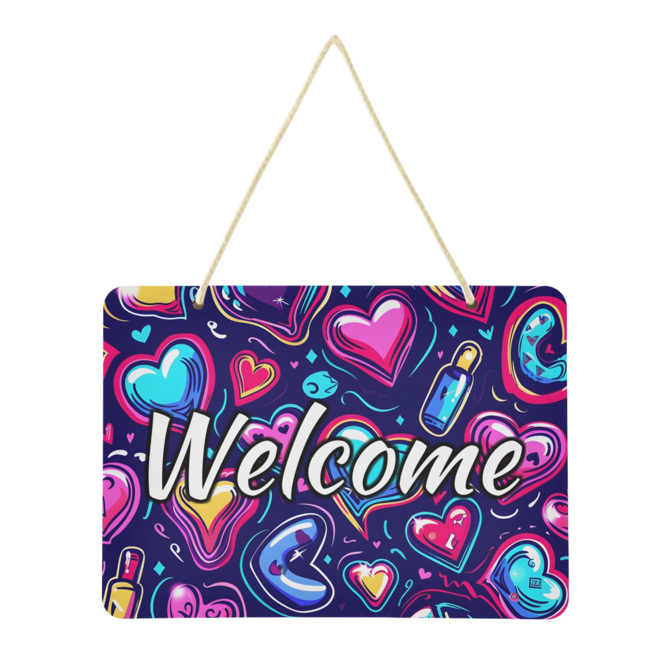 Welcome Door Sign Decoration Cartoon Hearts 13.8" Rectangular Front ...