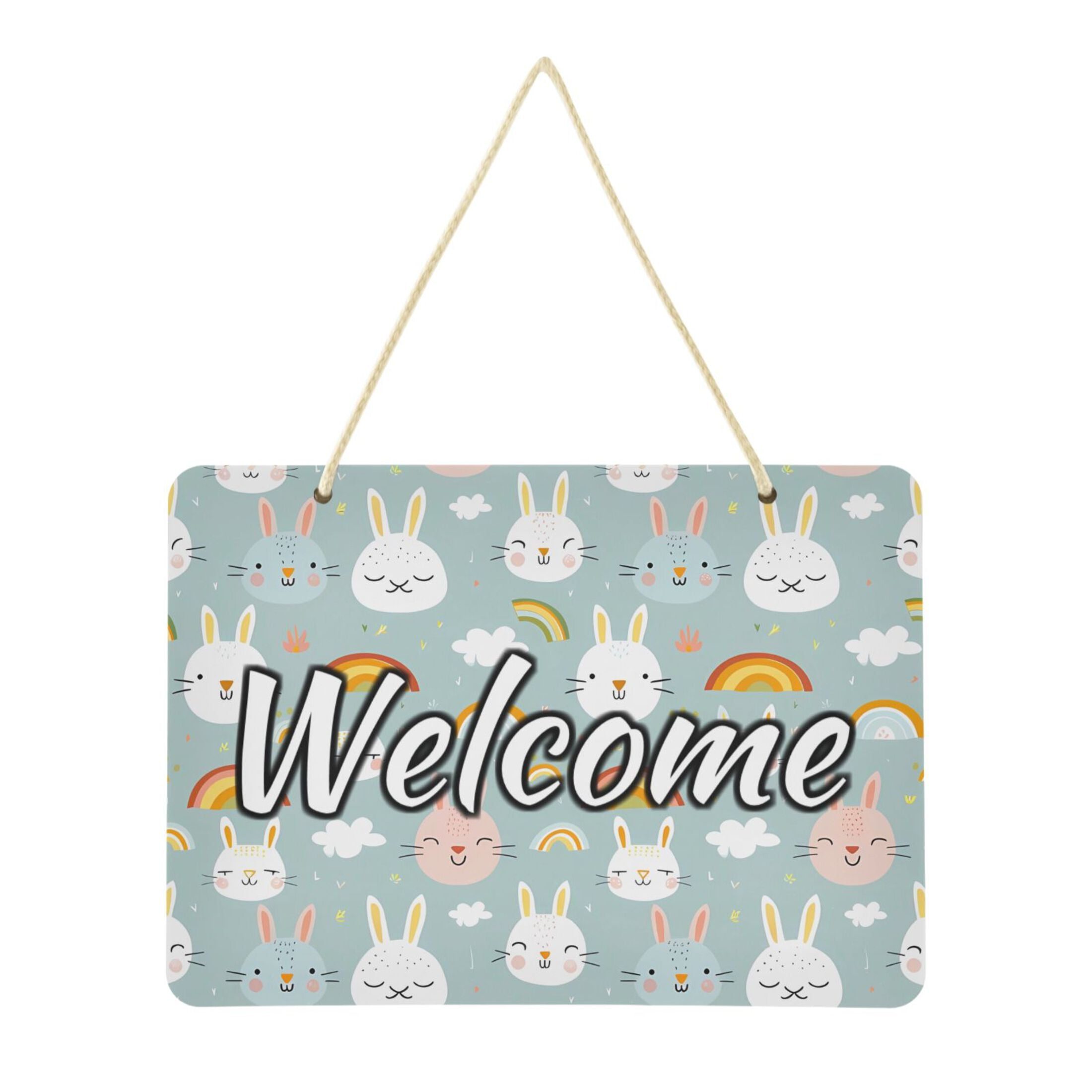 Welcome Door Sign Decoration Cartoon Rabbits and Rainbows 13.8 ...