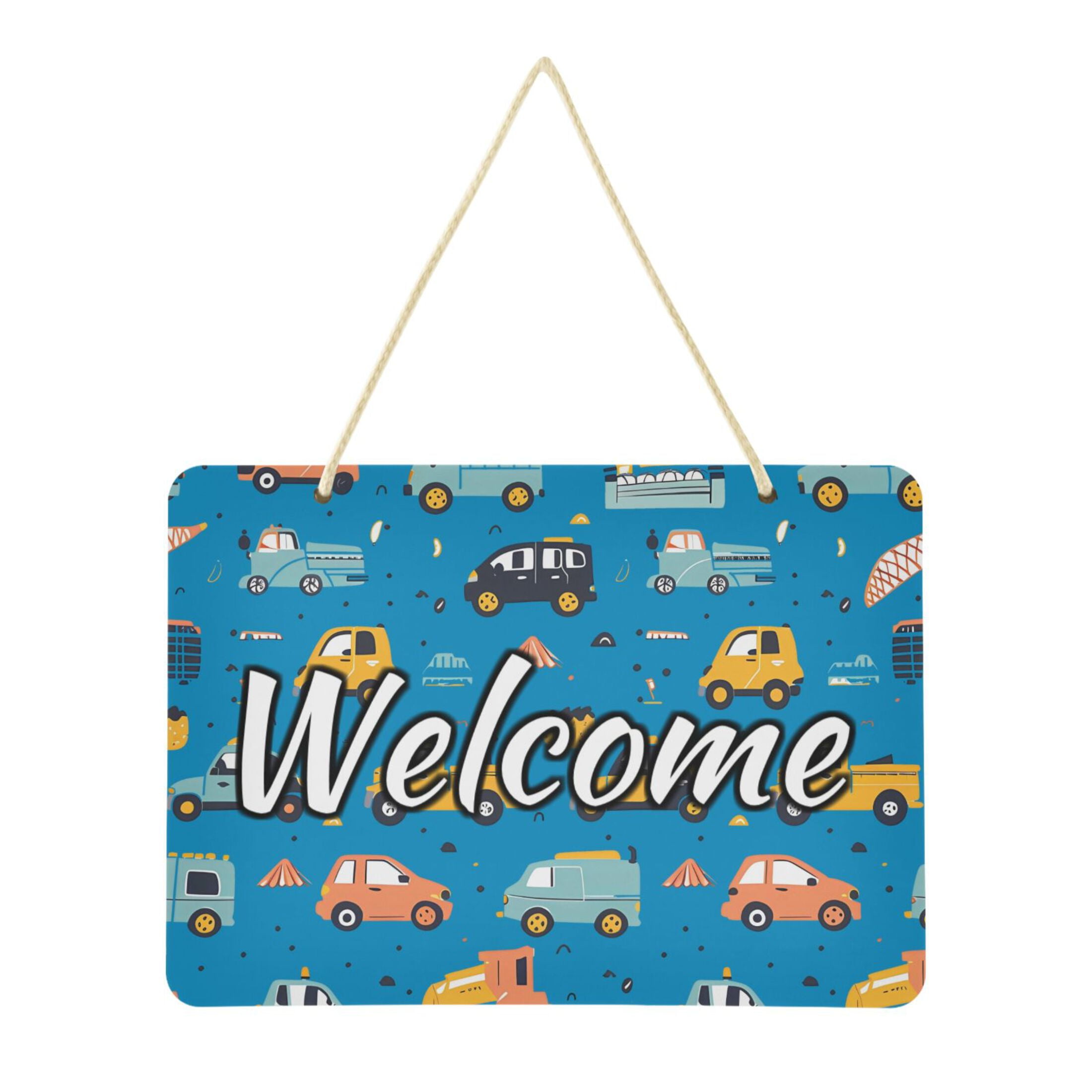 Welcome Door Sign Decoration Cartoon Trucks Cars on Blue 13.8 ...