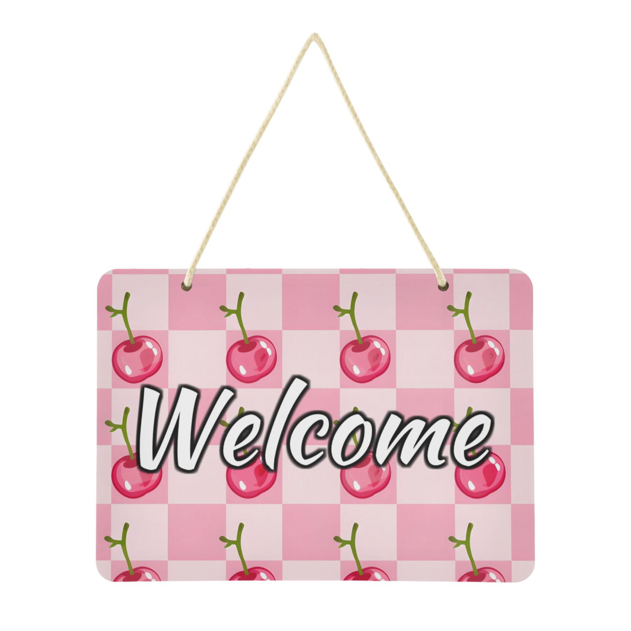 Welcome Door Sign Decoration Cherry and Grid 13.8" Rectangular Front ...