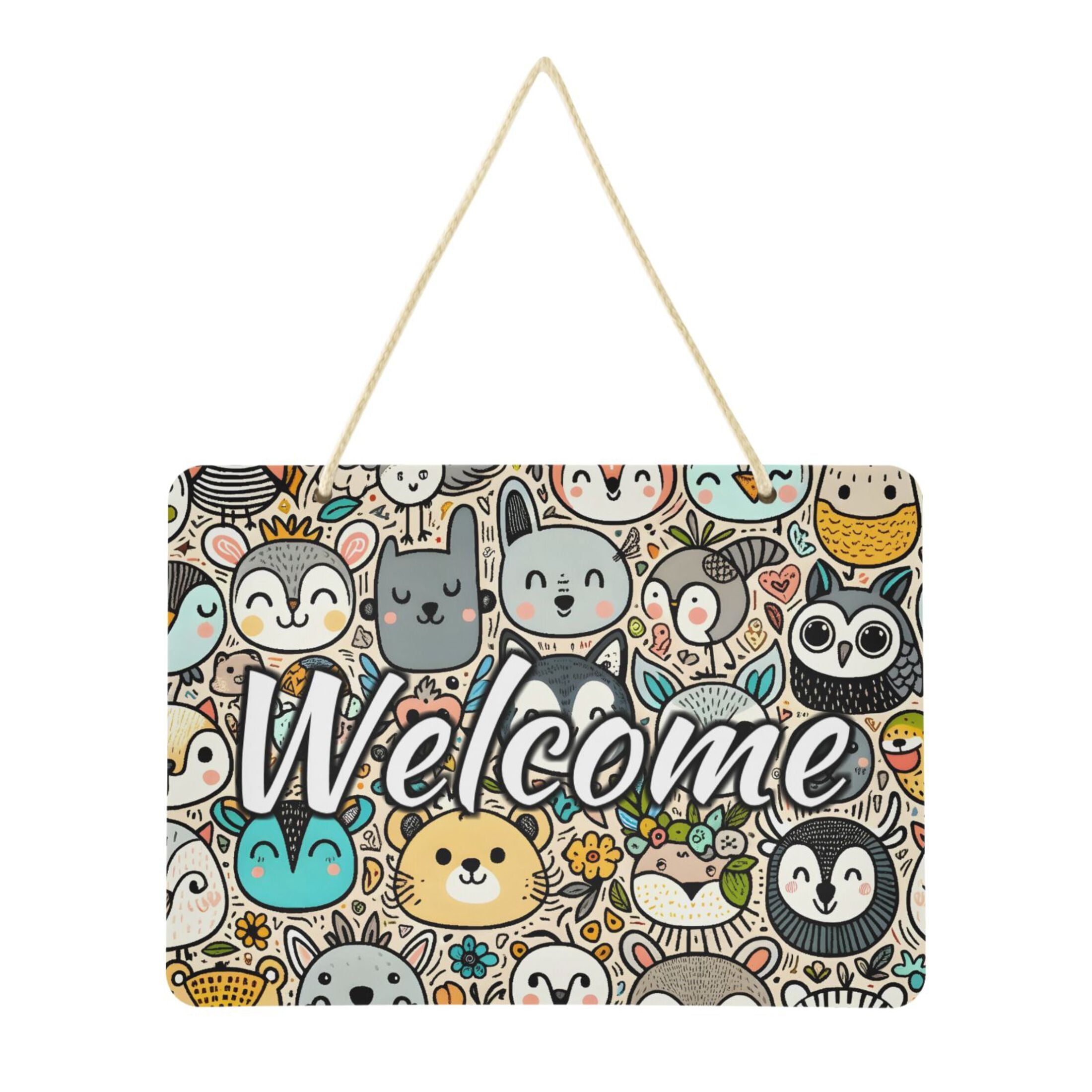 Welcome Door Sign Decoration Cute Animal Faces 13.8" Rectangular Front ...