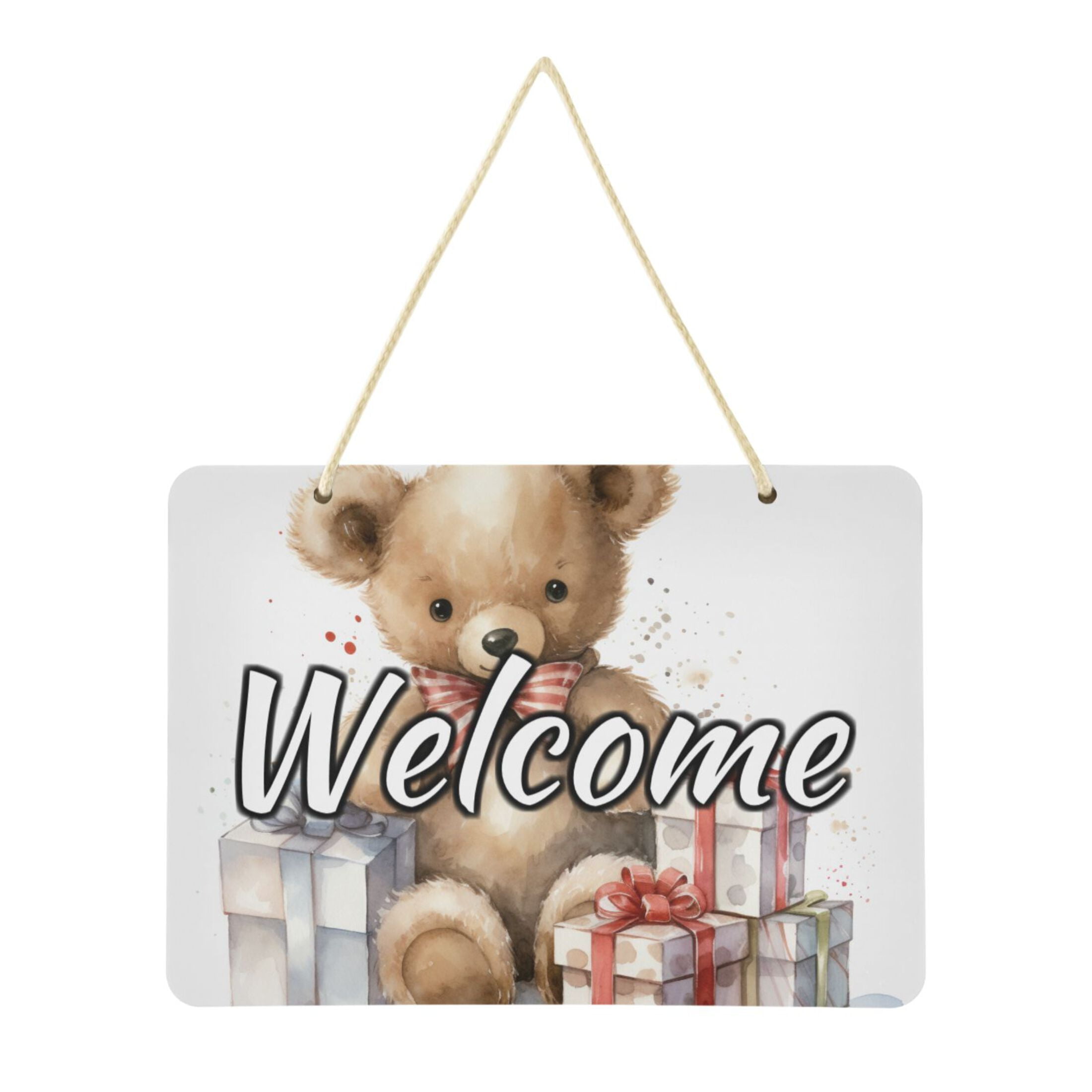 Welcome Door Sign Decoration Cute Bear and Gift 13.8" Rectangular Front ...