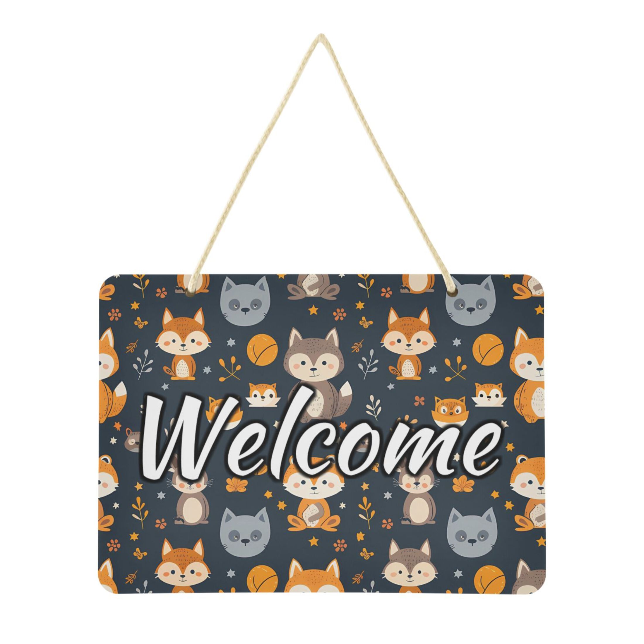 Welcome Door Sign Decoration Cute Cartoon Foxes 13.8" Rectangular Front ...