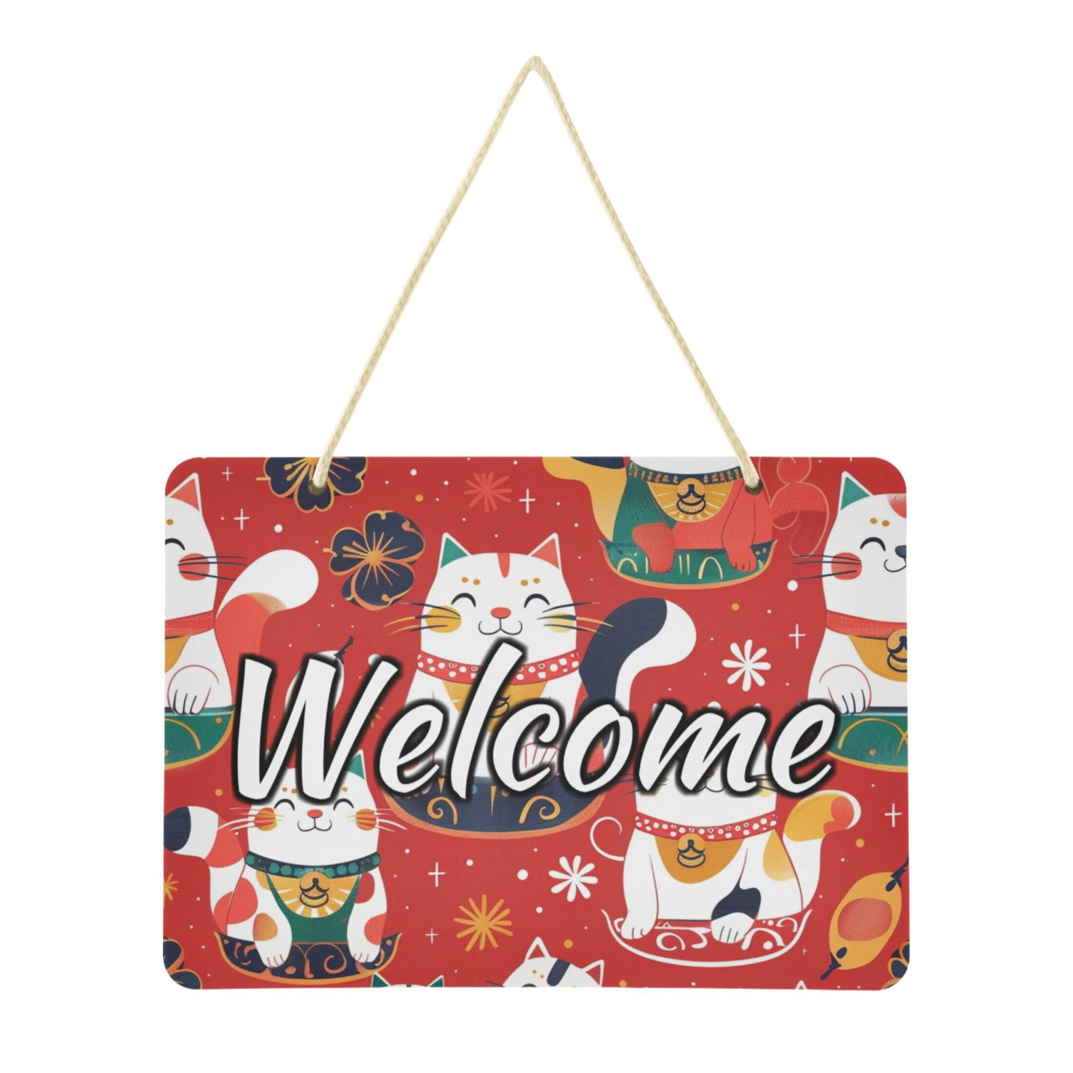 Welcome Door Sign Decoration Cute Cat on Red 13.8" Rectangular Front ...