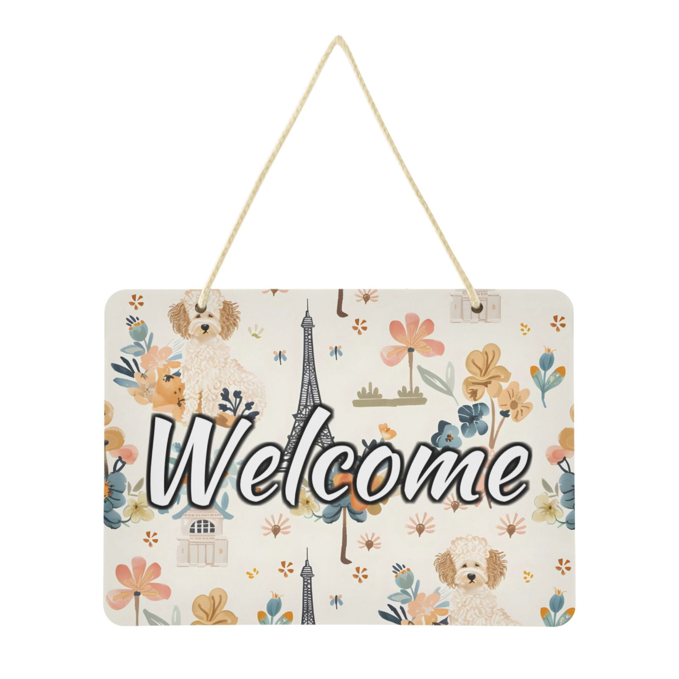 Welcome Door Sign Decoration Cute Dogs Towels Flowers 13.8" Rectangular ...